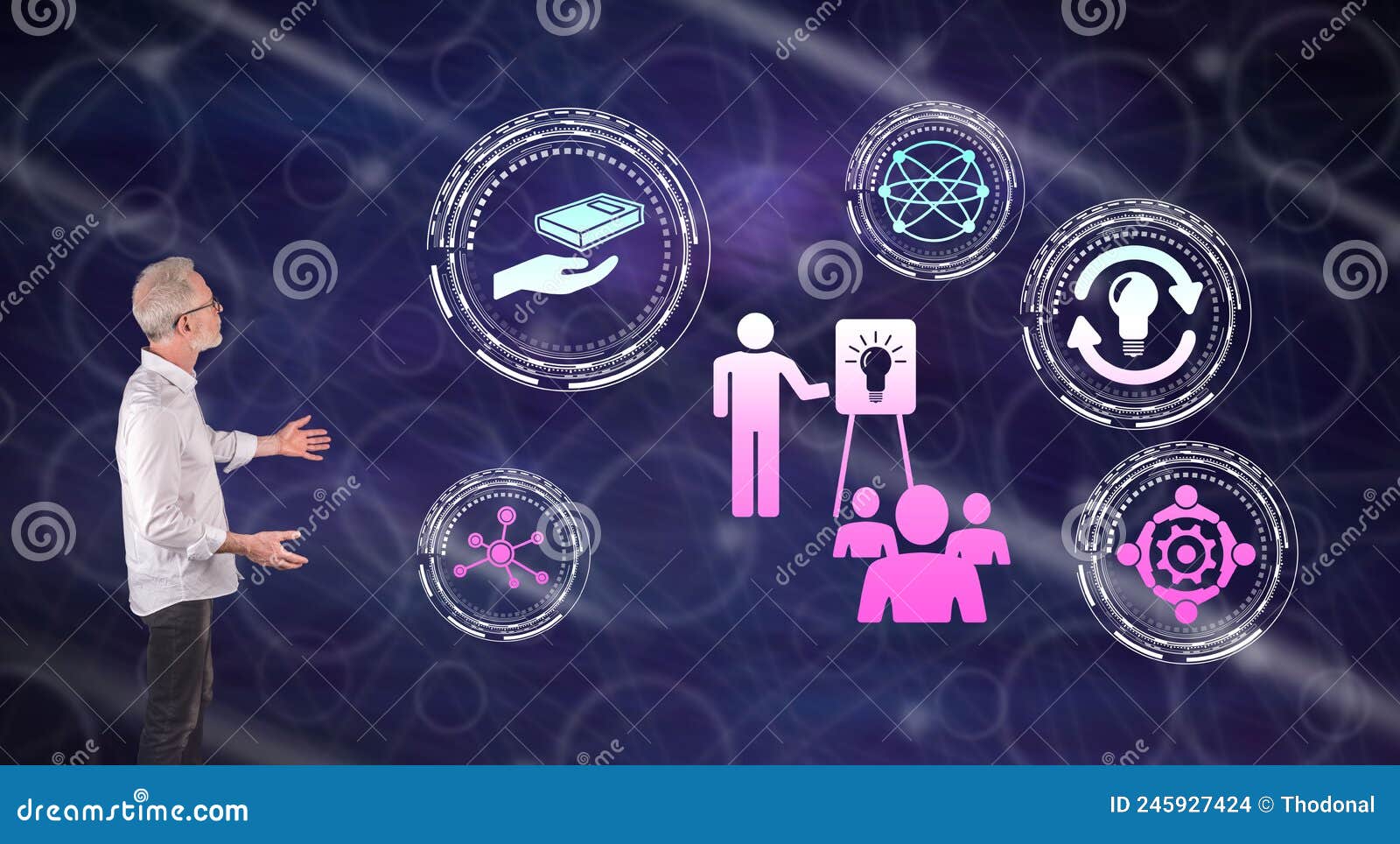 A Knowledge Sharing Concept Explained by a Businessman on a Wall Screen ...