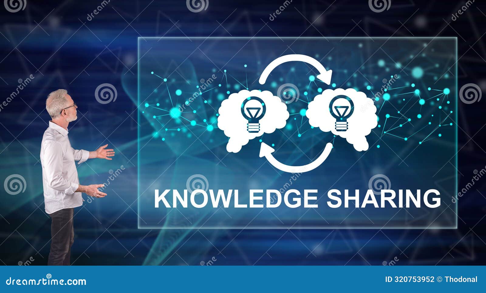 A Knowledge Sharing Concept Explained by a Businessman on a Wall Screen ...