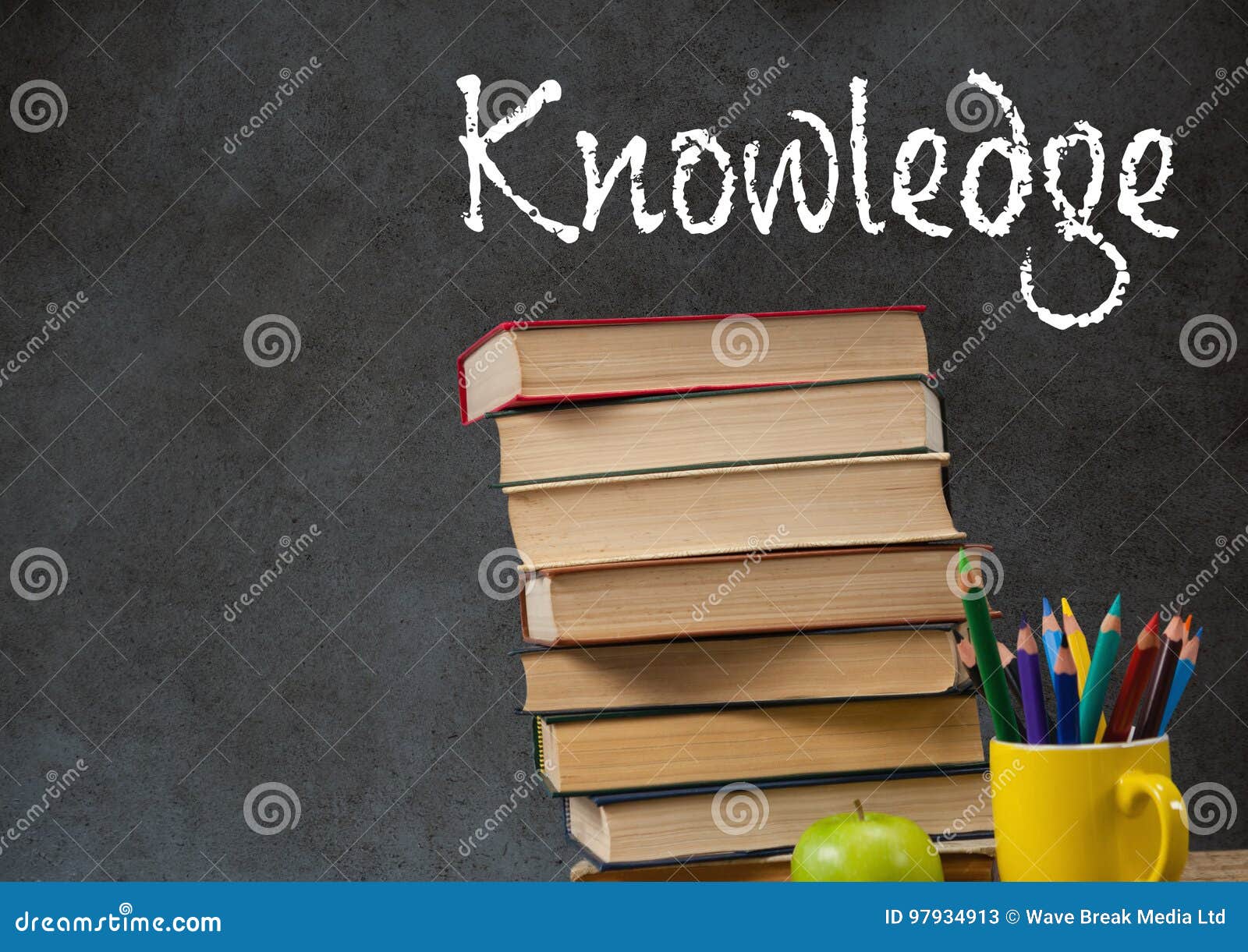 Knowledge Text on Blackboard with Stack of Books on Desk Stock ...