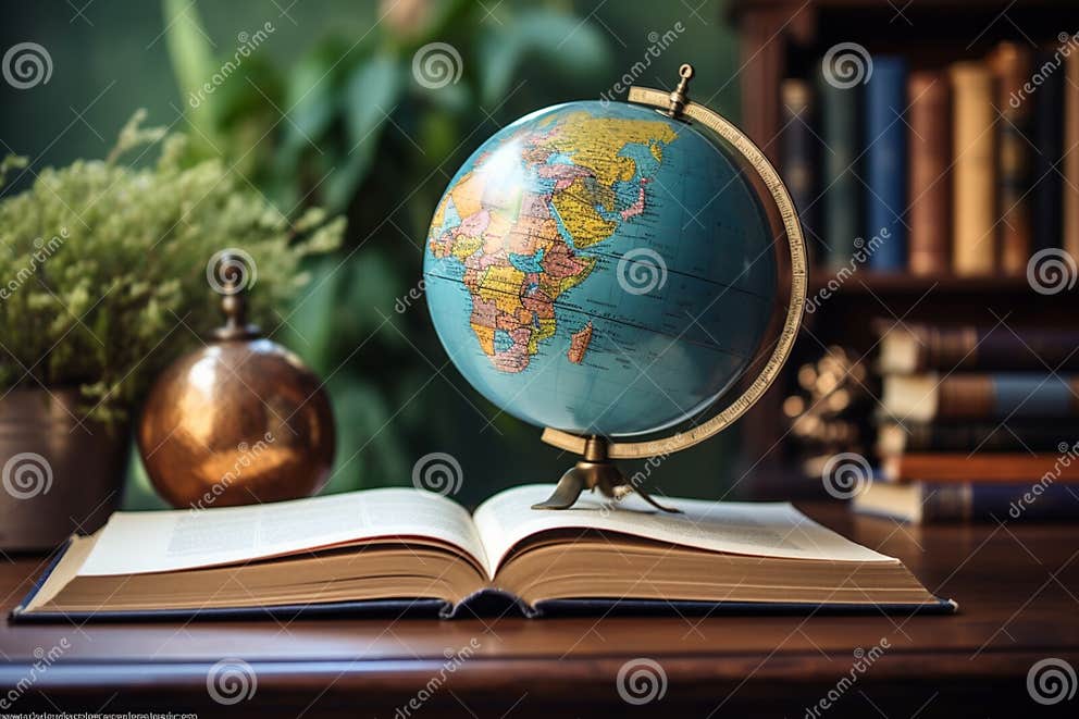Knowledge Worldwide Earth Globe Paired with a Stack of Books Stock ...