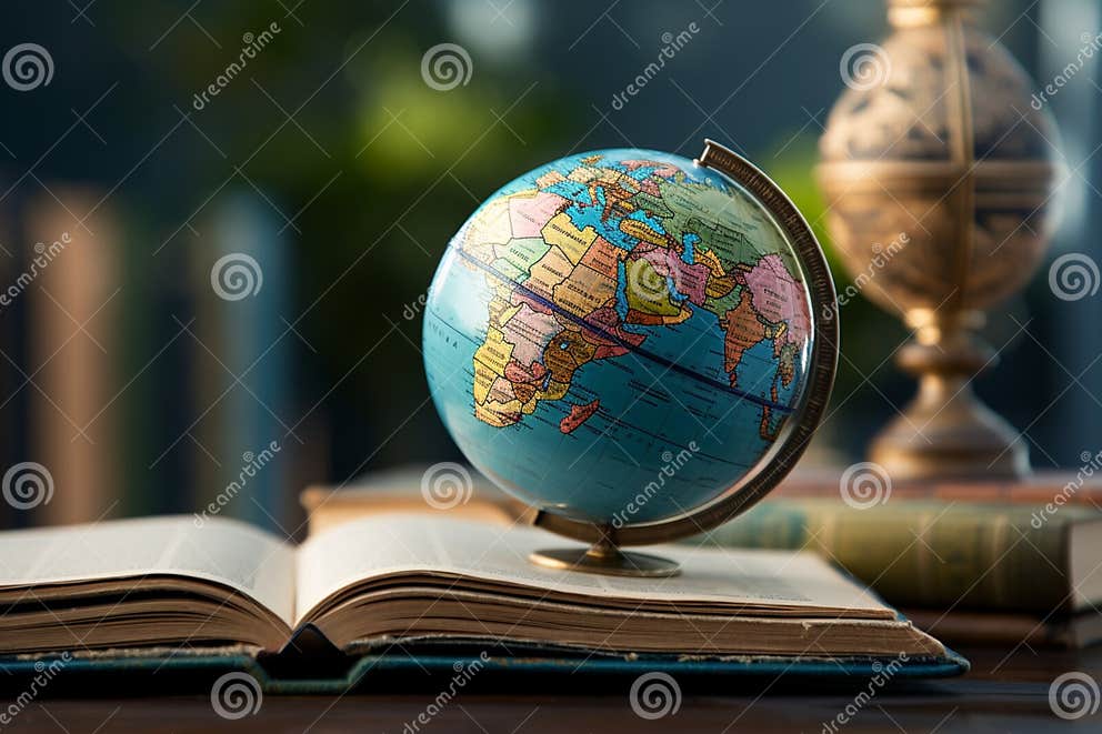 Knowledge Worldwide Earth Globe Paired with a Stack of Books Stock ...