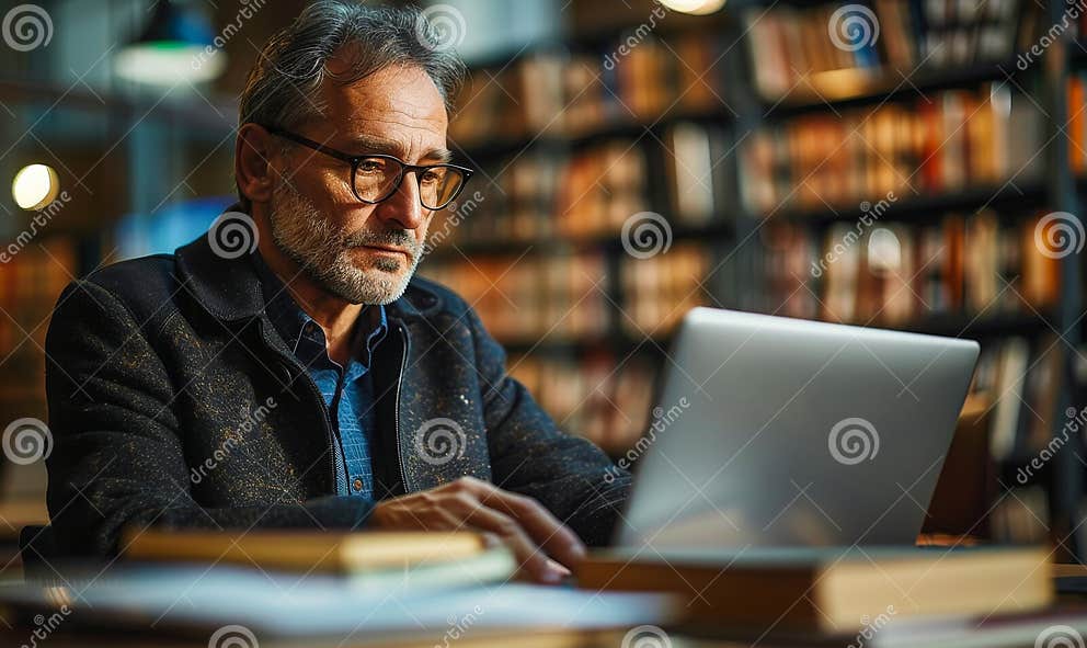 Knowledgeable Professor Researching Online Materials for Lectures on ...