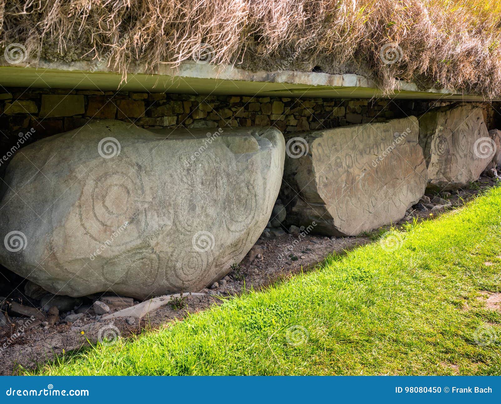 Knowth Neolithic Mound, Kerbstone with Spirals and Lozenges, Ire Stock ...