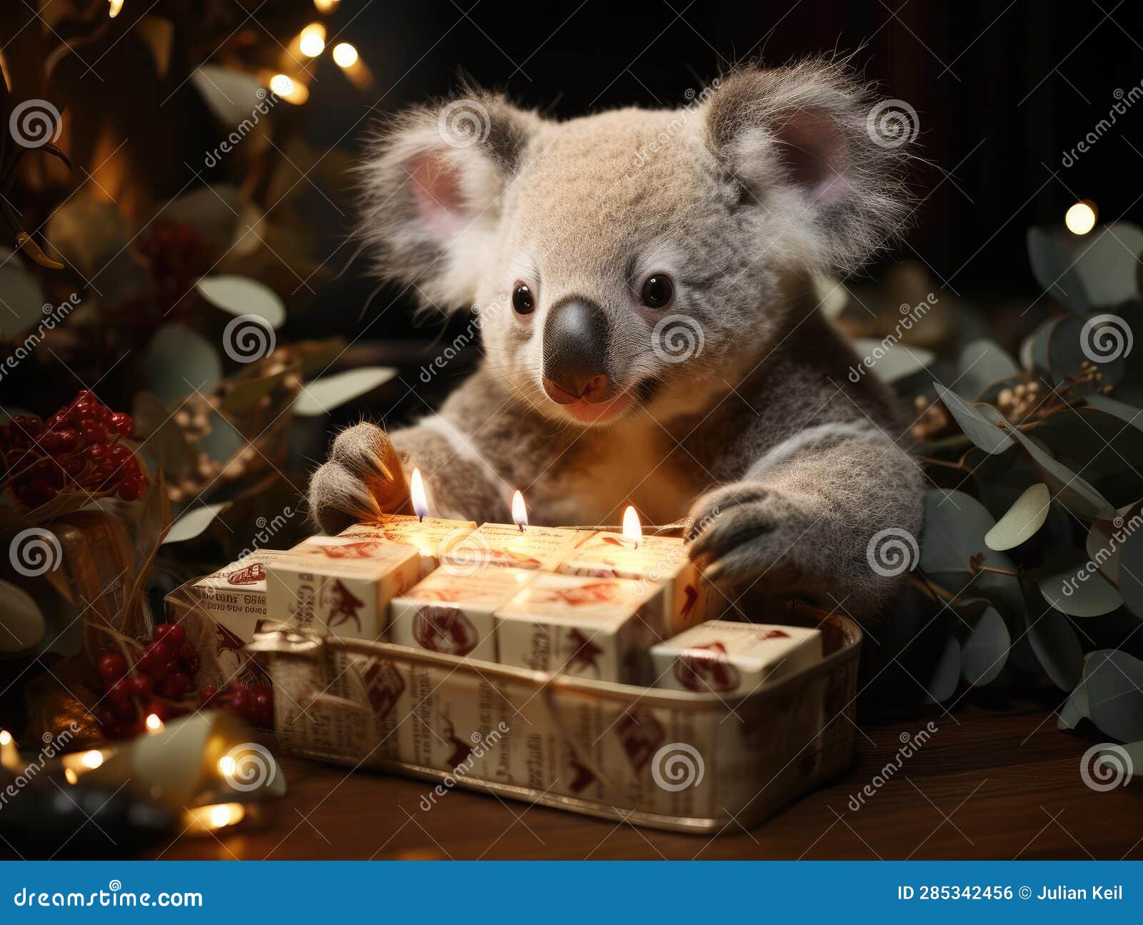 Koala Bear with Gift Box and Camera Stock Illustration - Illustration ...