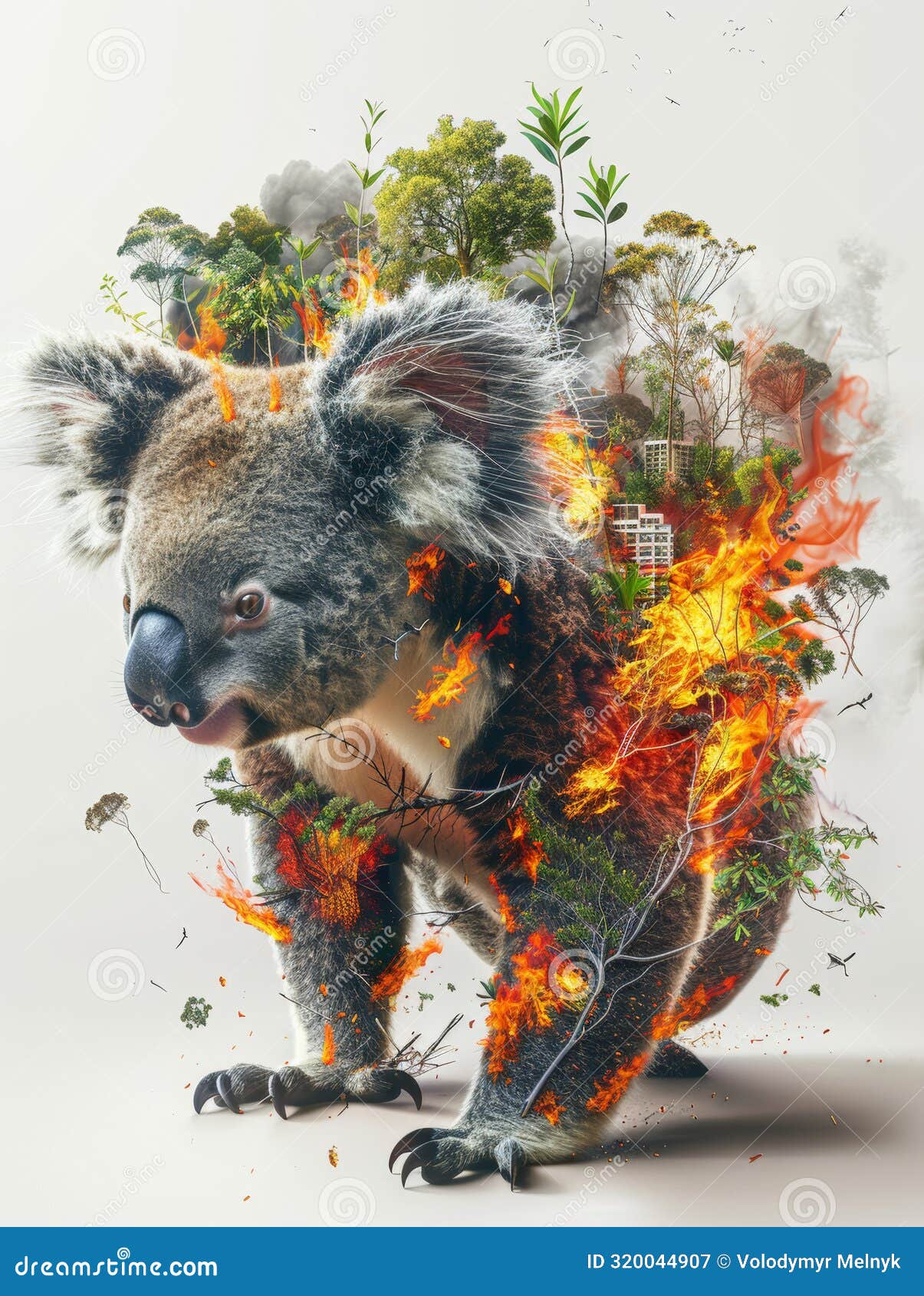 Koala with Body of Burning Tropical Forest with Red Flame and Smoking ...