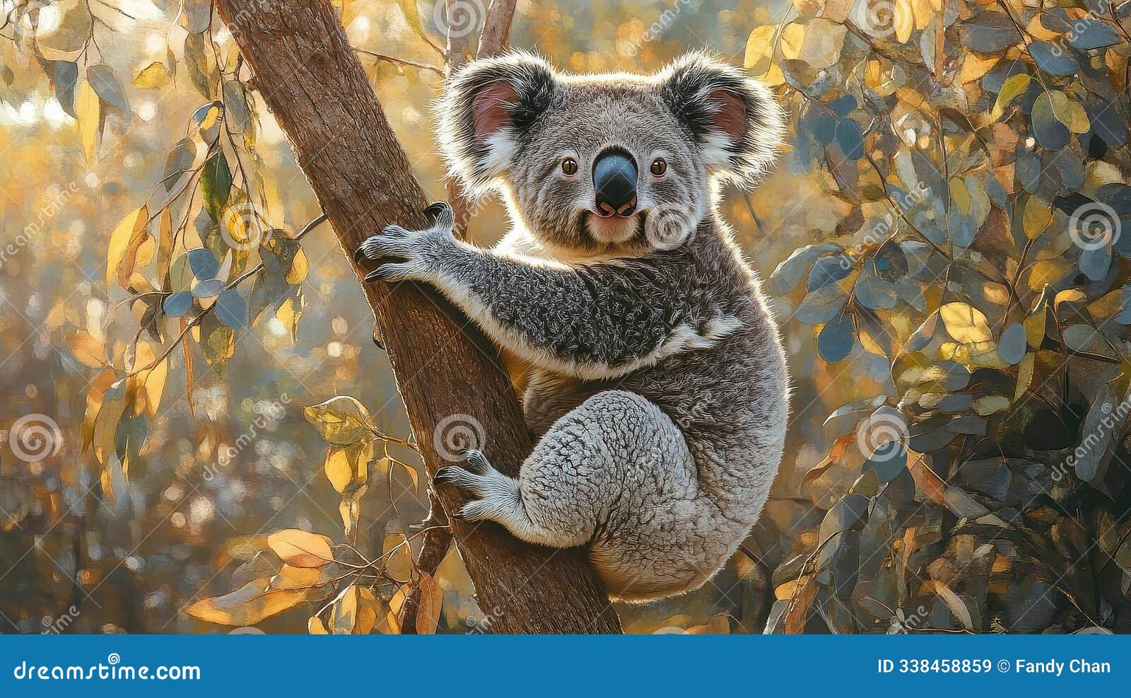 Koala Climbing Tree in Golden Light Stock Illustration - Illustration ...