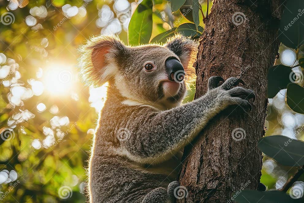 Koala Climbing Tree with Golden Sunlight Stock Illustration ...