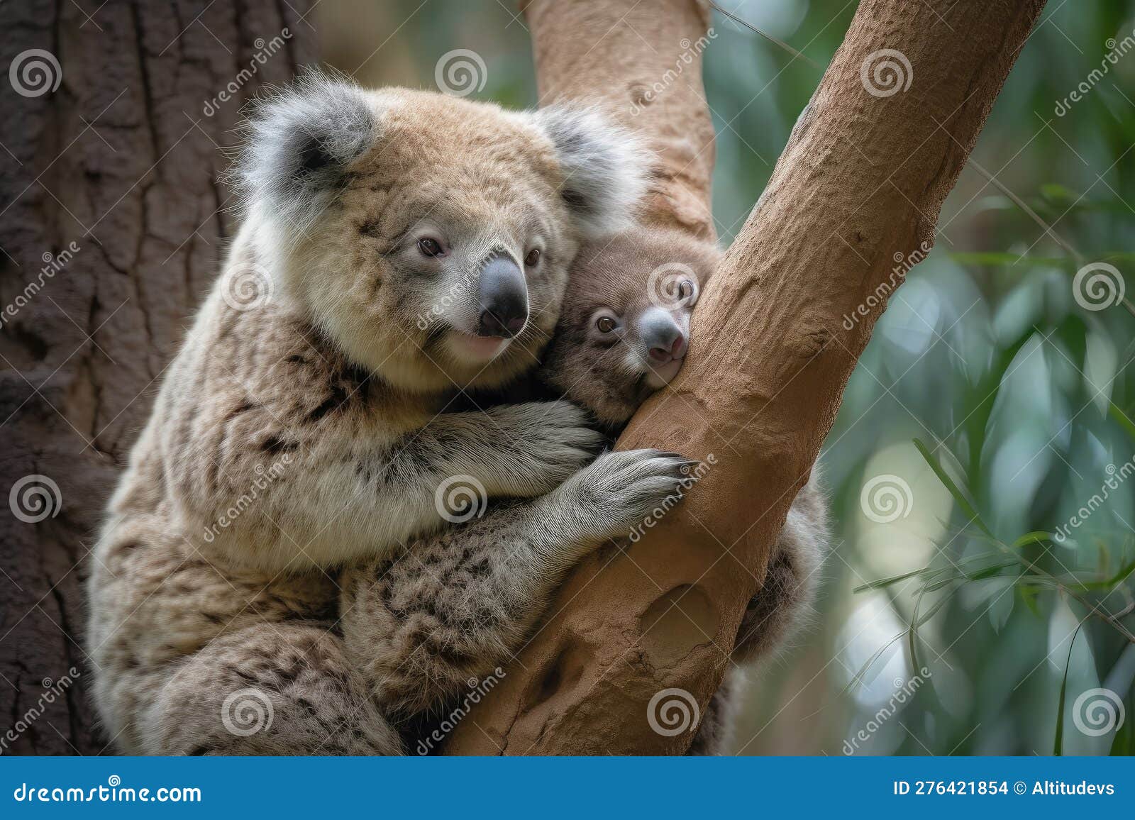 Koala Clinging To Its Mother S Back while they Climb the Tree Stock ...