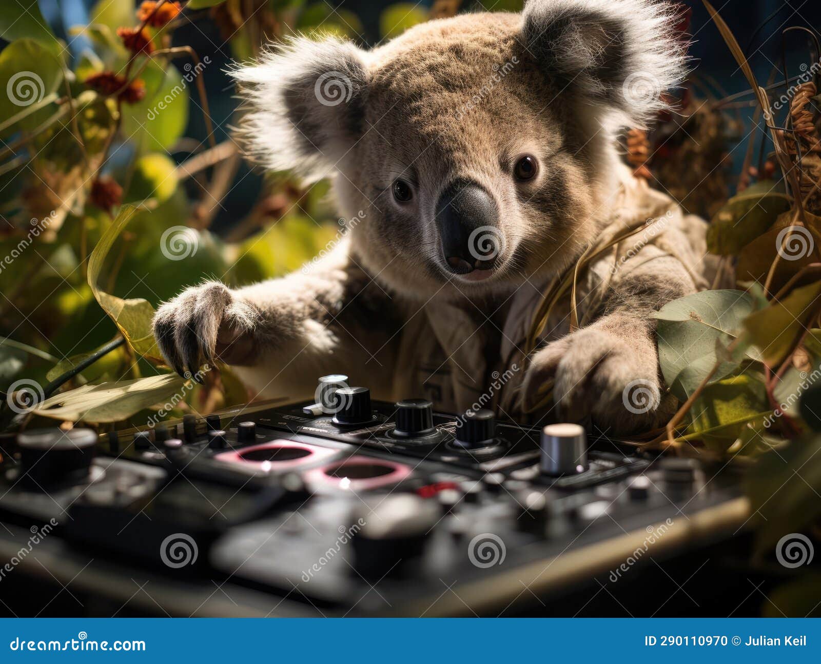 Koala DJ at tiny turntable stock illustration. Illustration of ...