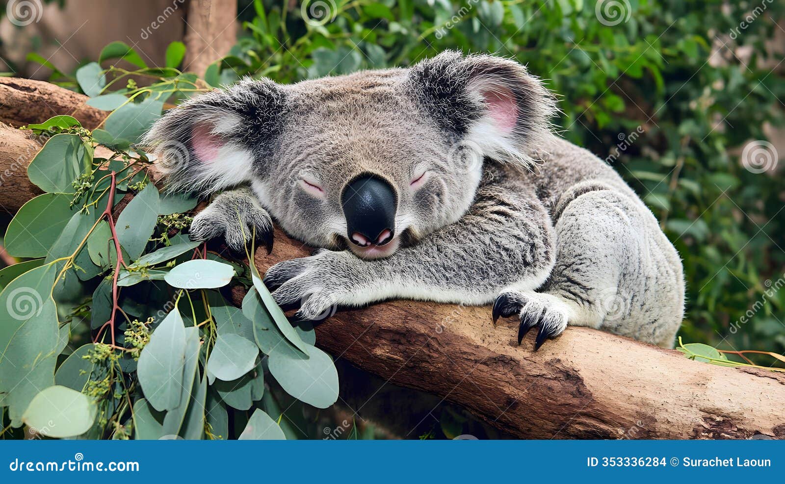 Koala Dozing Peacefully on Tree Limb, Surrounded by Eucalyptus Leaves ...