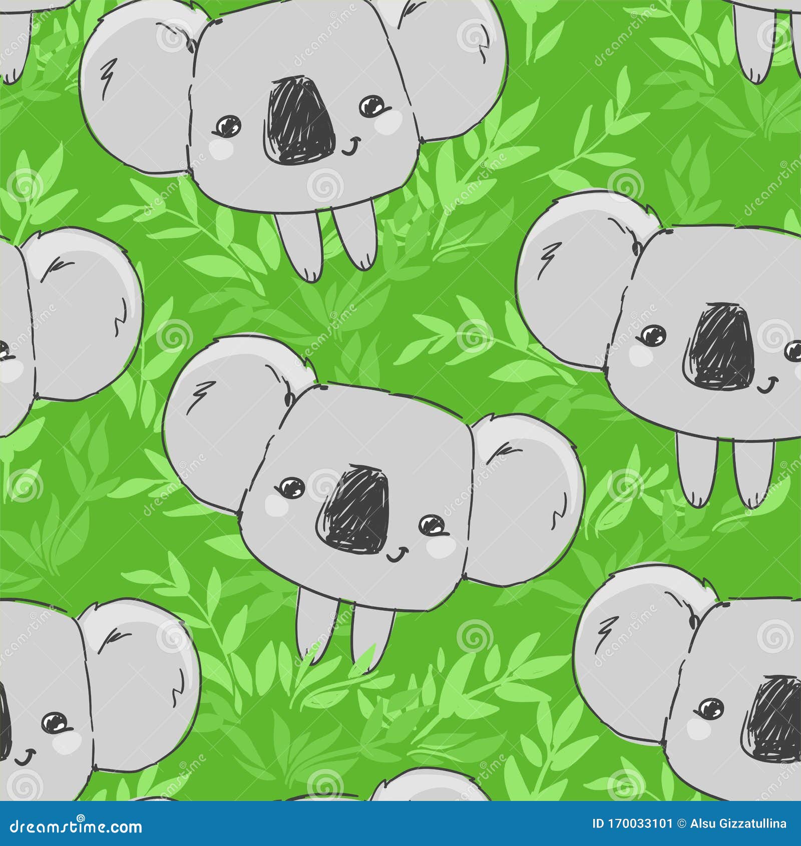 Koala and Leaves Green Background. Pattern Seamless. Vector ...