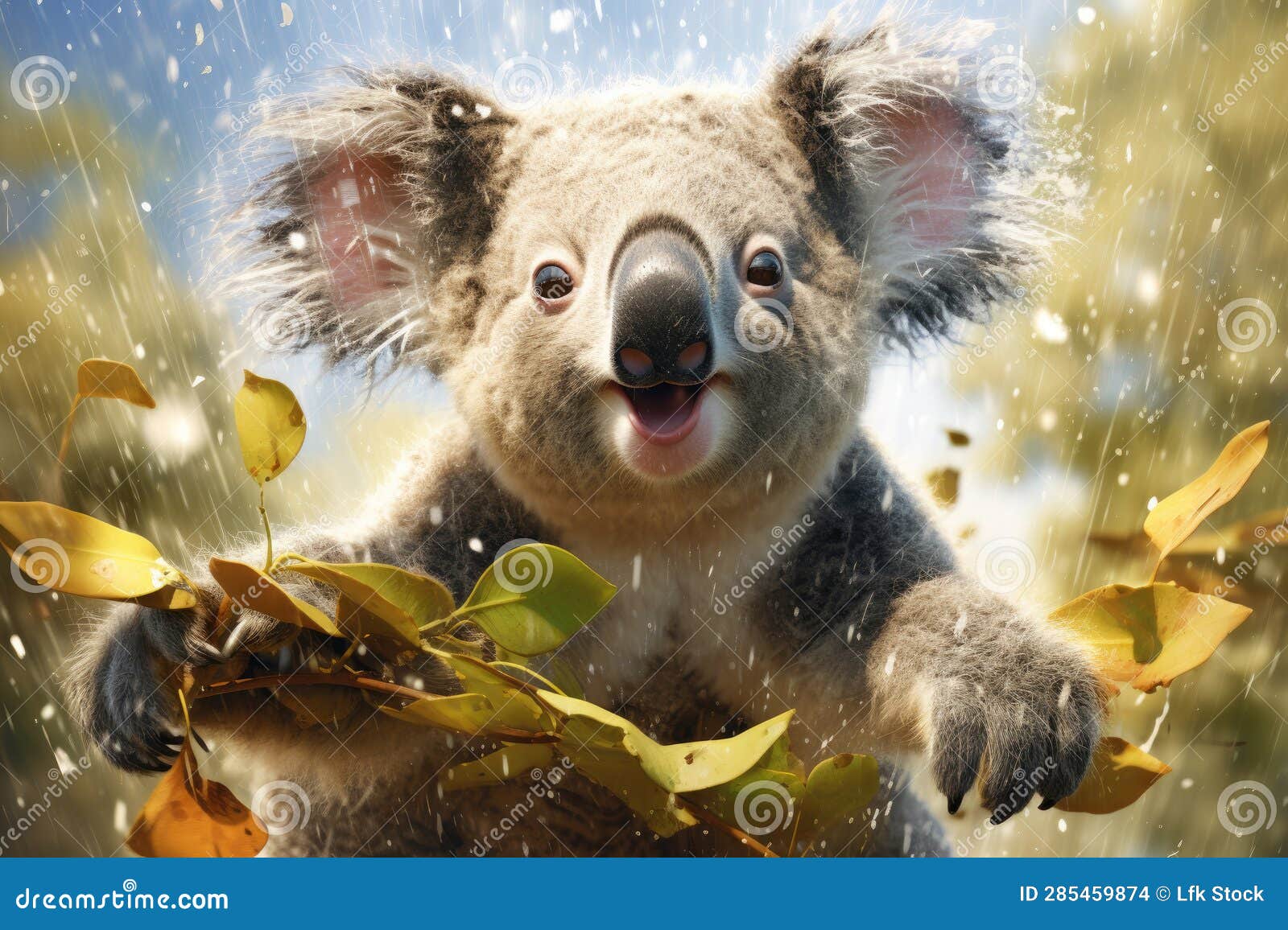 Koala among Leaves Smiling at Camera, Splash Concept Stock Illustration ...