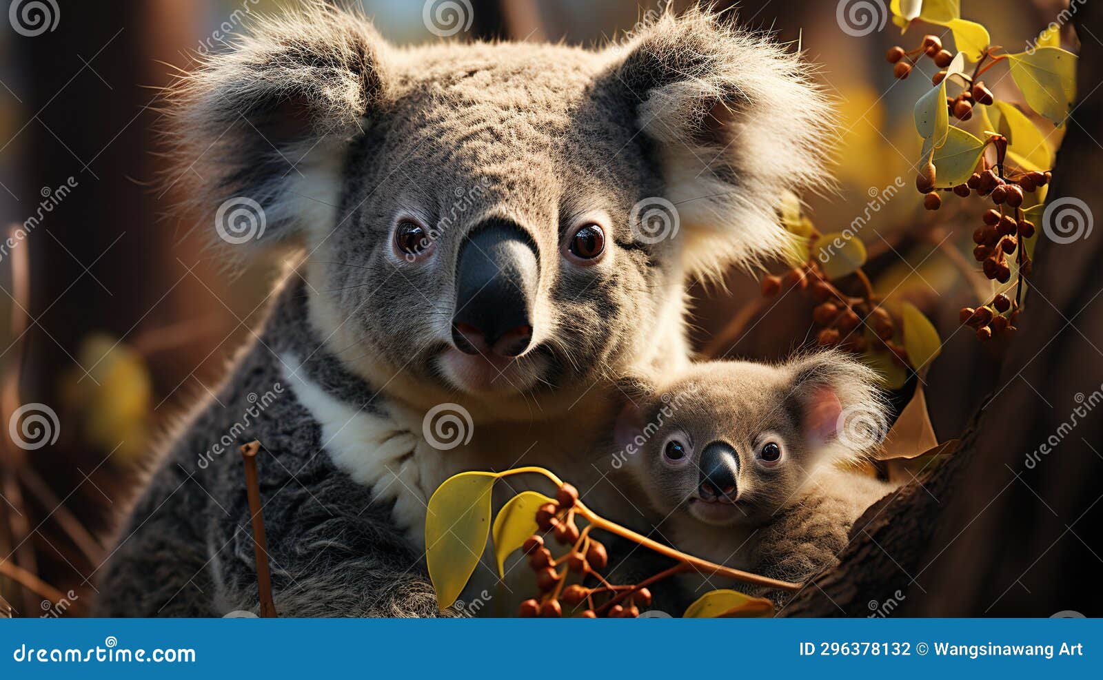 Koala Mother Hugging Her Baby In A Eucalyptus Tree Royalty-Free Stock ...