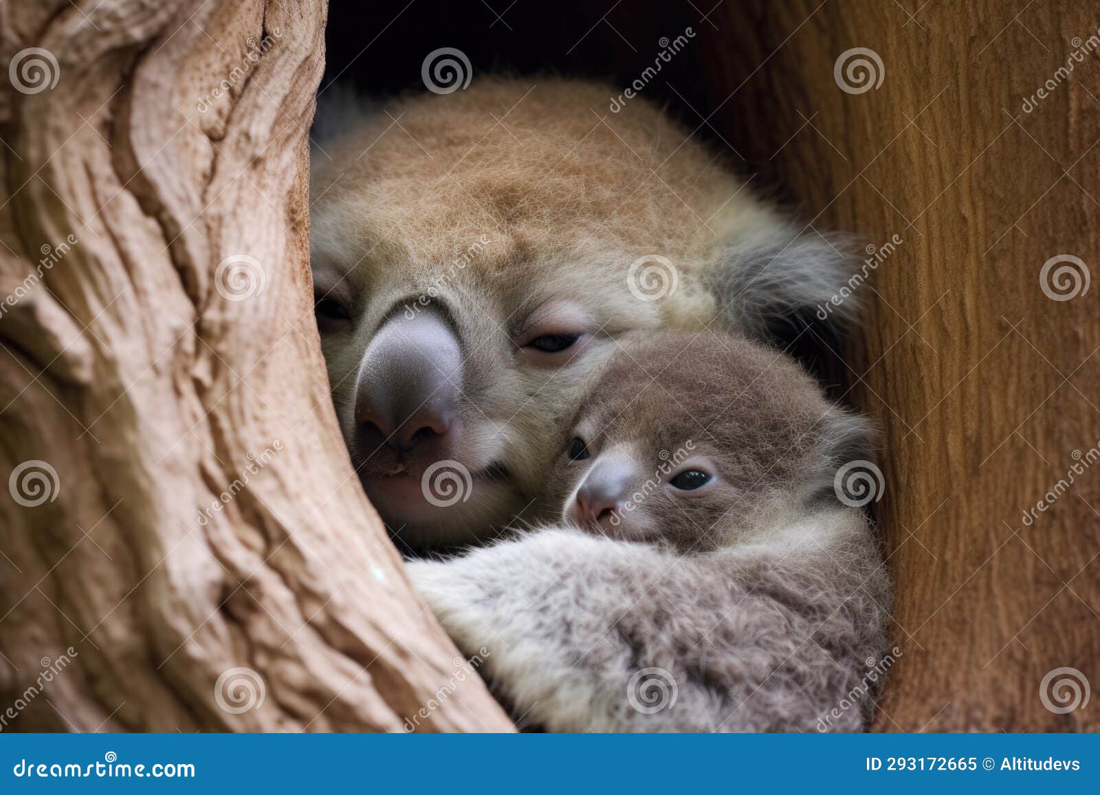 Koala Mother Hugging Her Baby in a Eucalyptus Tree Stock Image - Image ...