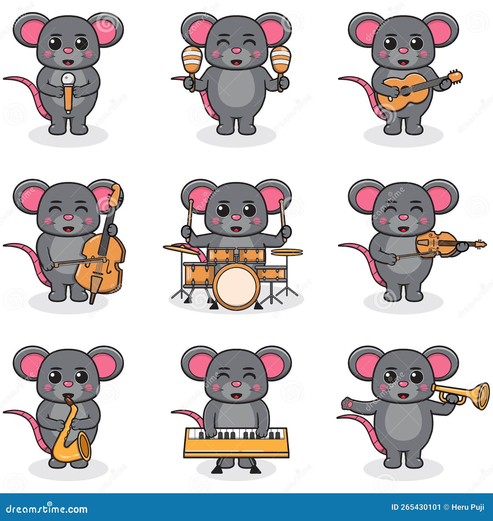 Vector Illustration of Cute Mouse Playing Music Instruments. Stock ...