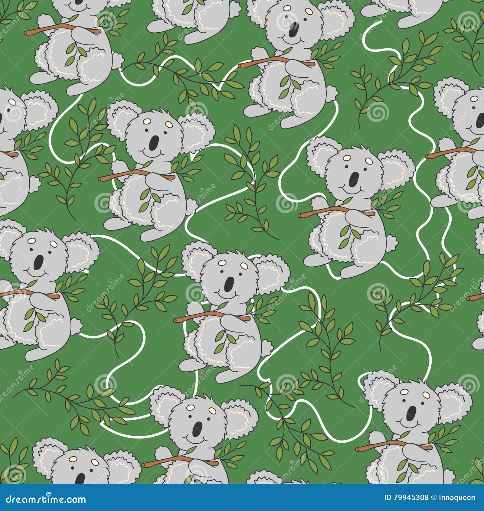 Koala Pattern. Cute Koala With Leaves On A Green Background. Vector ...