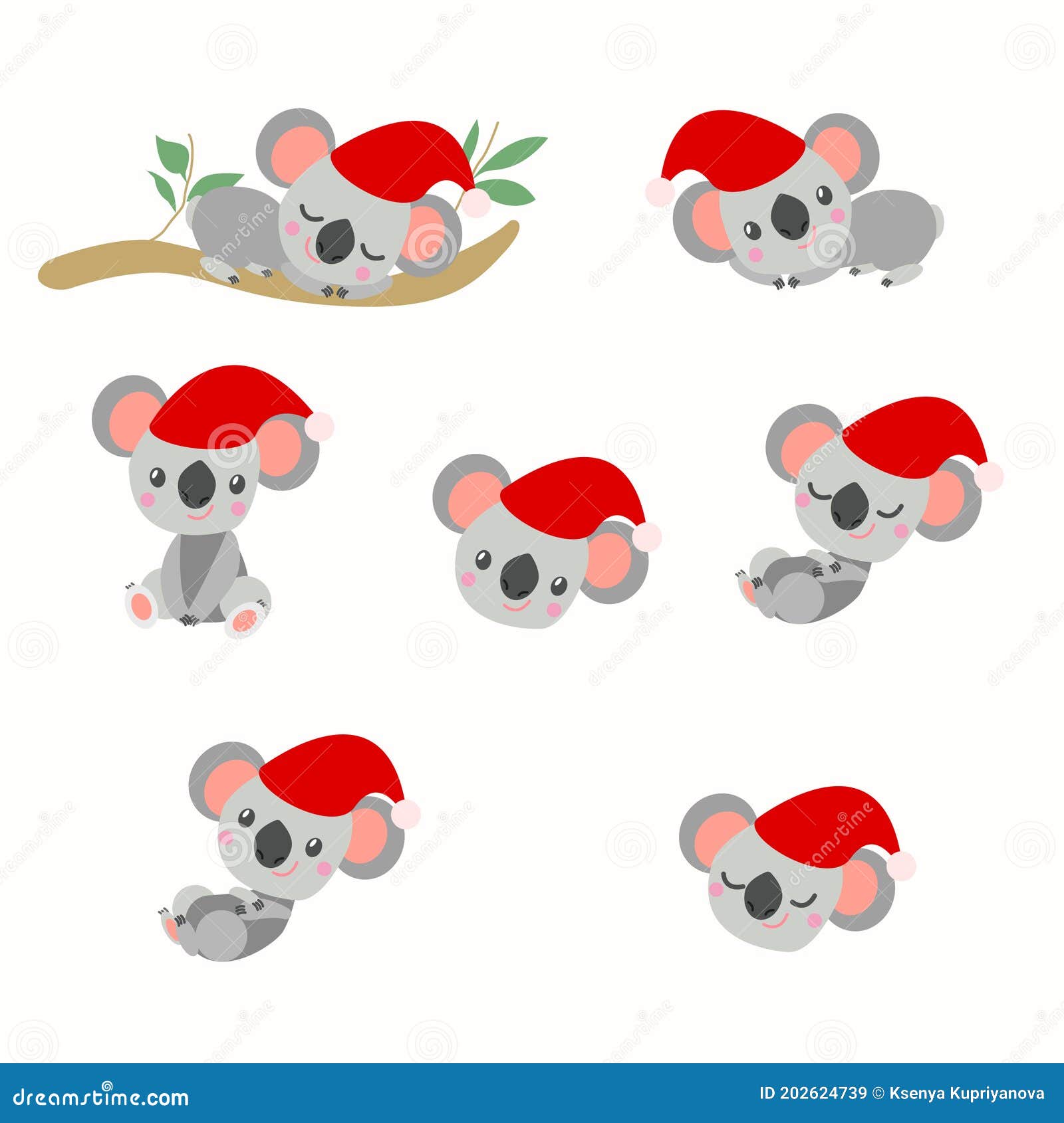 Collection With Baby Koala Bear In Red Christmas Hat. Flat Cartoon ...