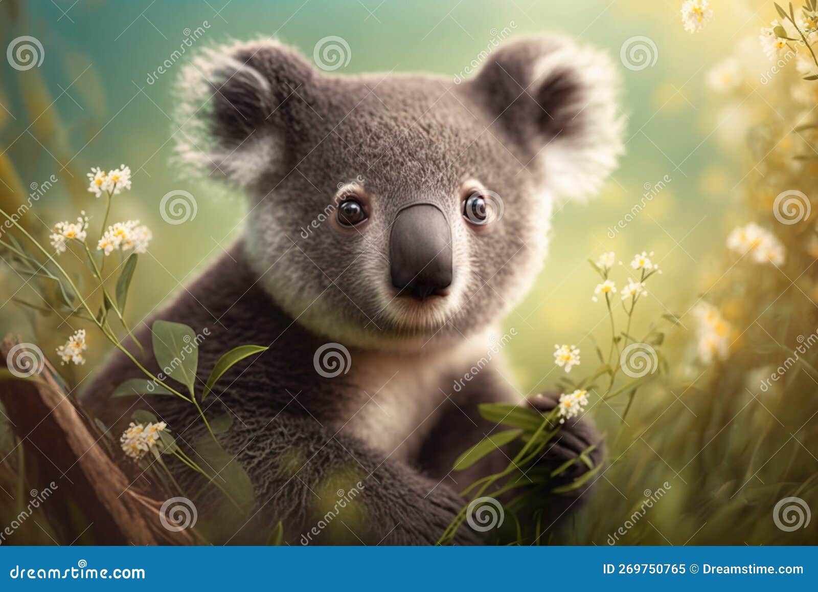 Koala Sits on a Green Meadow in Spring among Flowers AI Generated ...