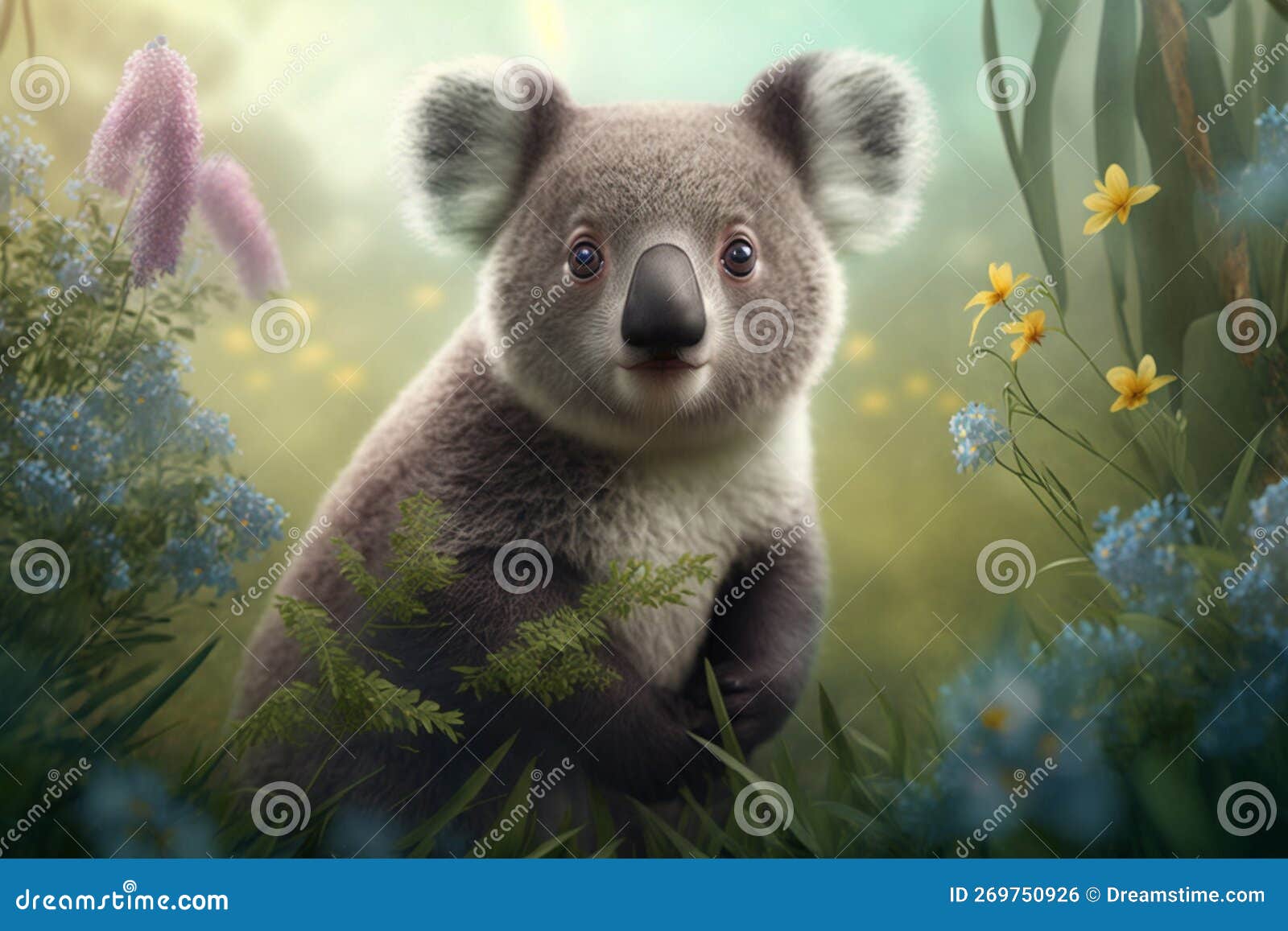 Koala Sits on a Green Meadow in Spring among Flowers AI Generated ...