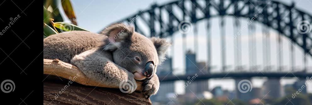 A Koala Sleeping on a Tree Branch in Front of a Bridge. Generative AI ...