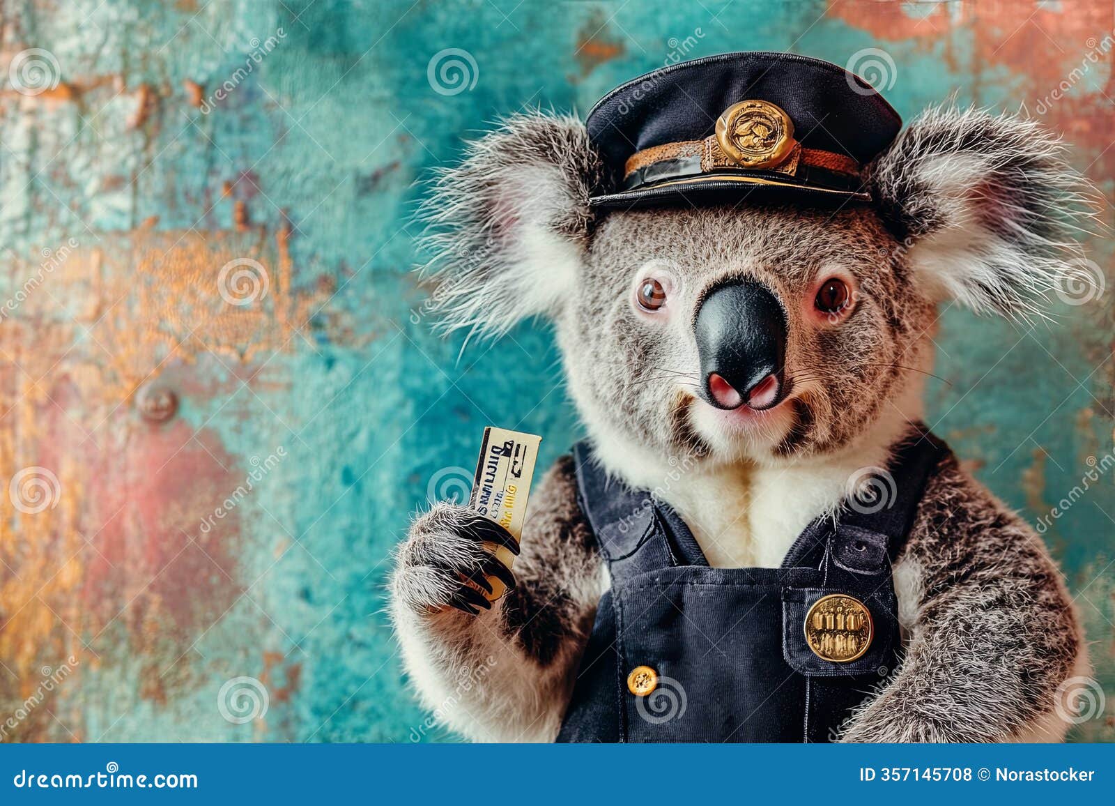 A Koala Wearing a Train Conductor Hat, Holding a Tiny Ticket Puncher ...