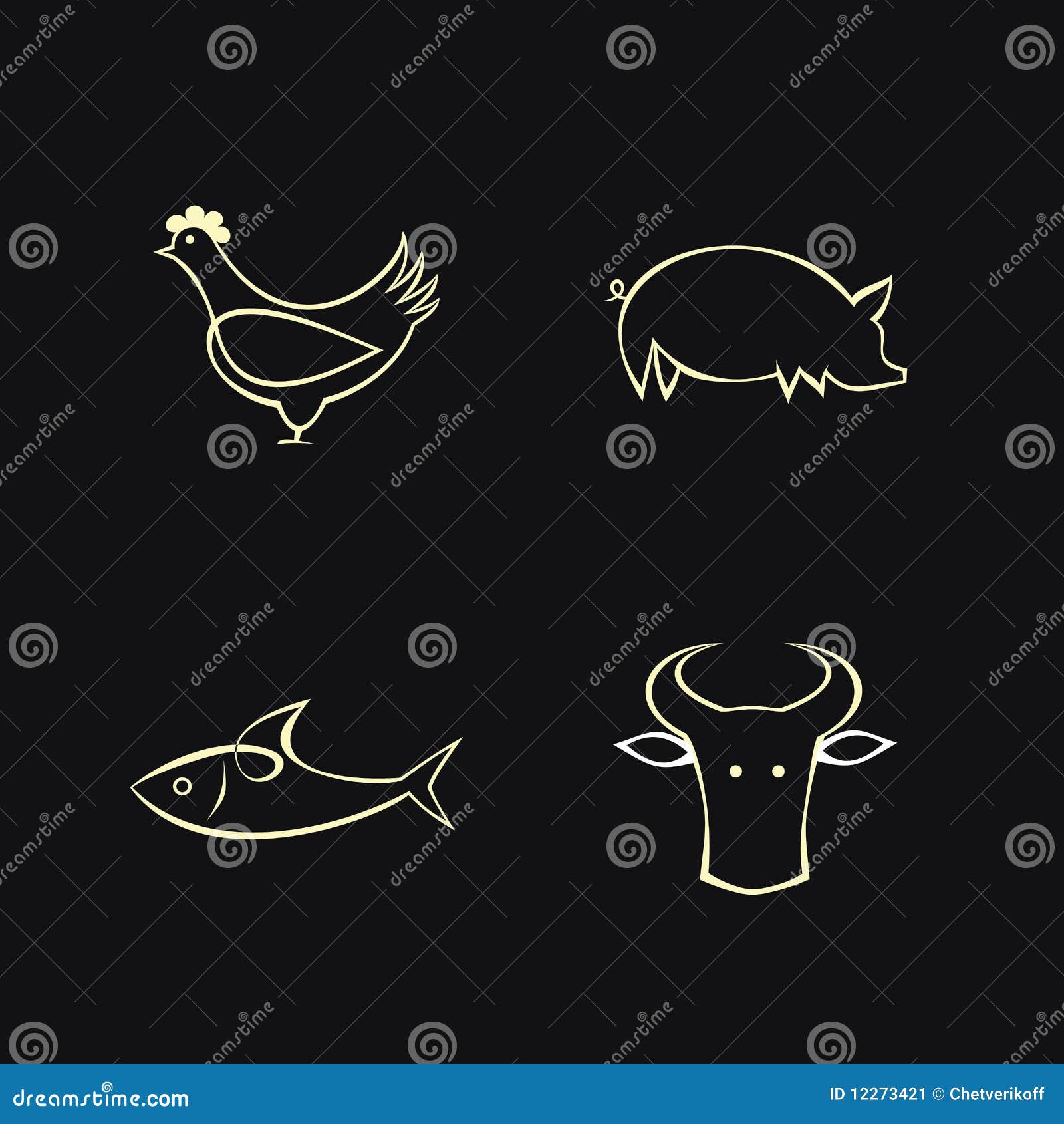 Koe, Vissen, Kip En Varken - Vector Vector Illustratie - Illustration ...