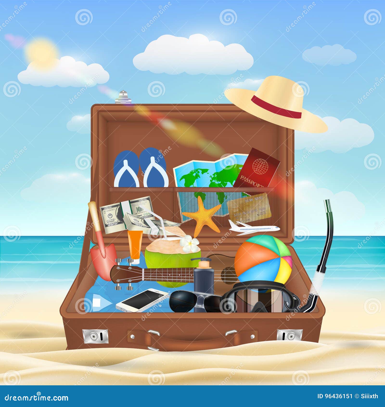 Koffer Offen Mit Strandreisegegenstand Auf Strand Vektor Abbildung ...