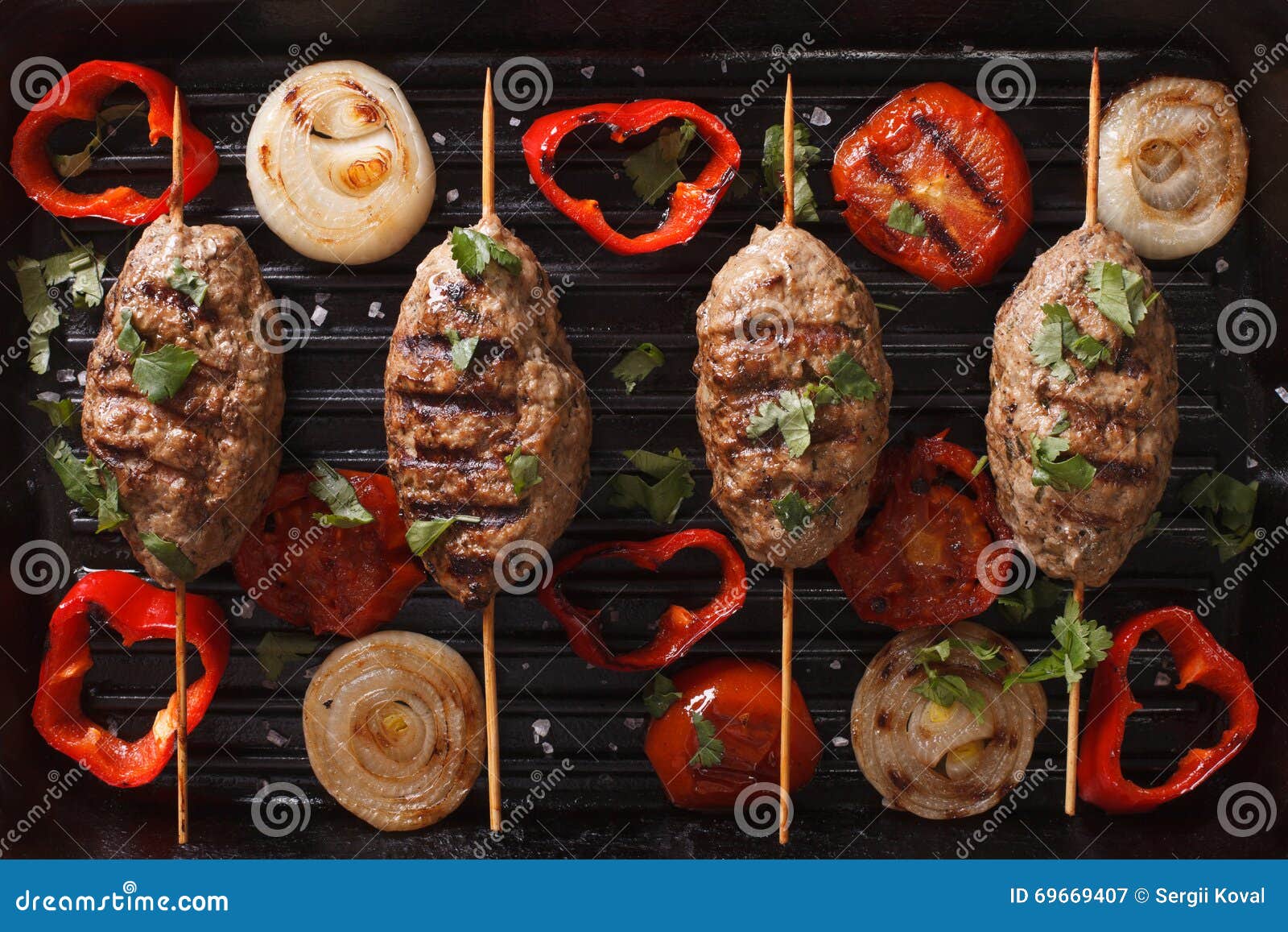 Kofta Kebab with Grilled Vegetables on Grill Close-up. Horizontal Top ...