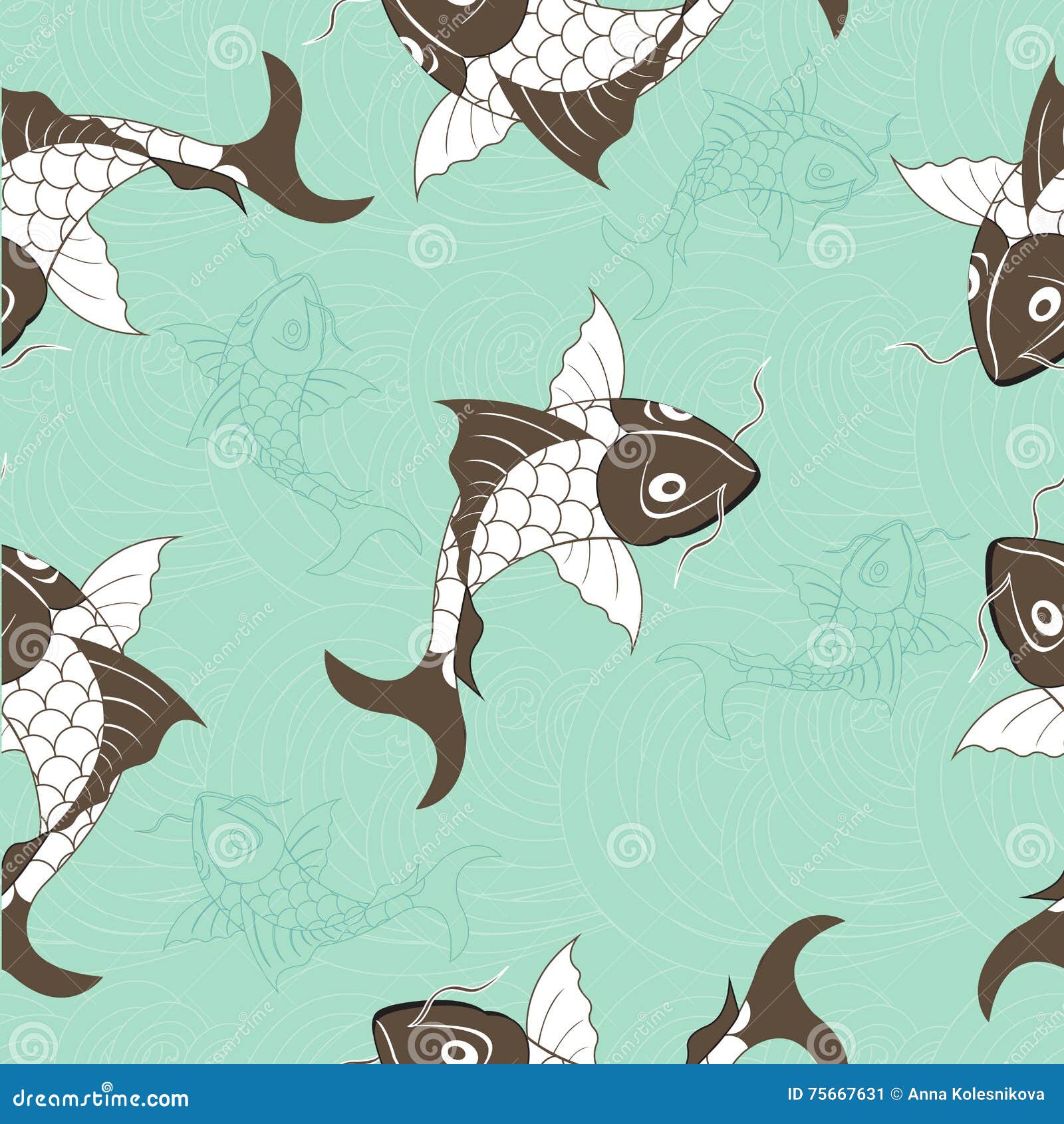 Koi Chinese Carp Seamless Pattern. Vector Red Background With Gold Fish ...