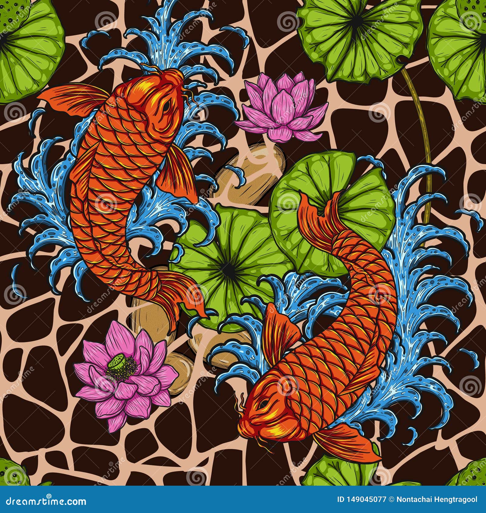 Koi Fish with Lotus Seamless Pattern by Hand Drawing Stock Vector ...