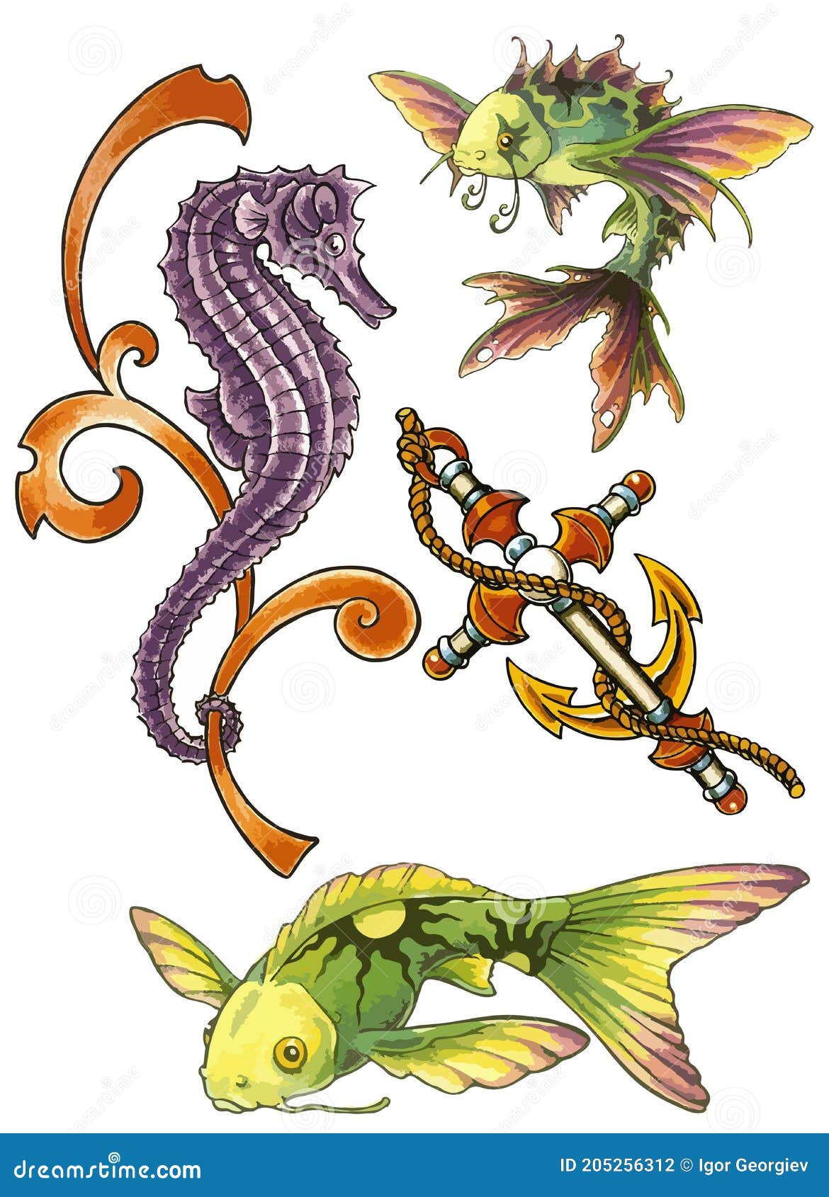 Koi Fish Tattoo Flash Set. Set of Labels and Elements. Vector Set ...