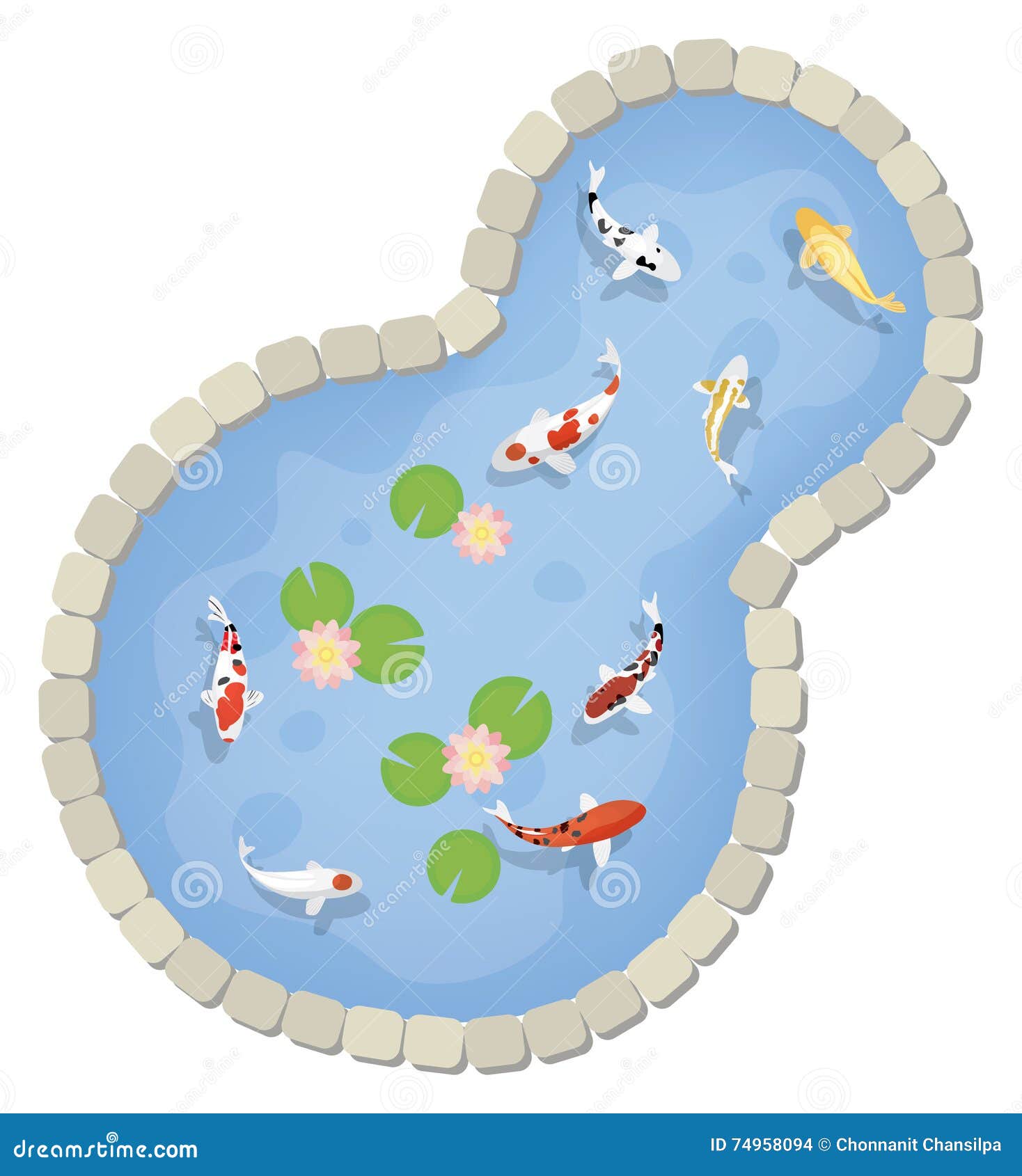 Koi pond with water lilies stock vector. Illustration of graphic - 74958094