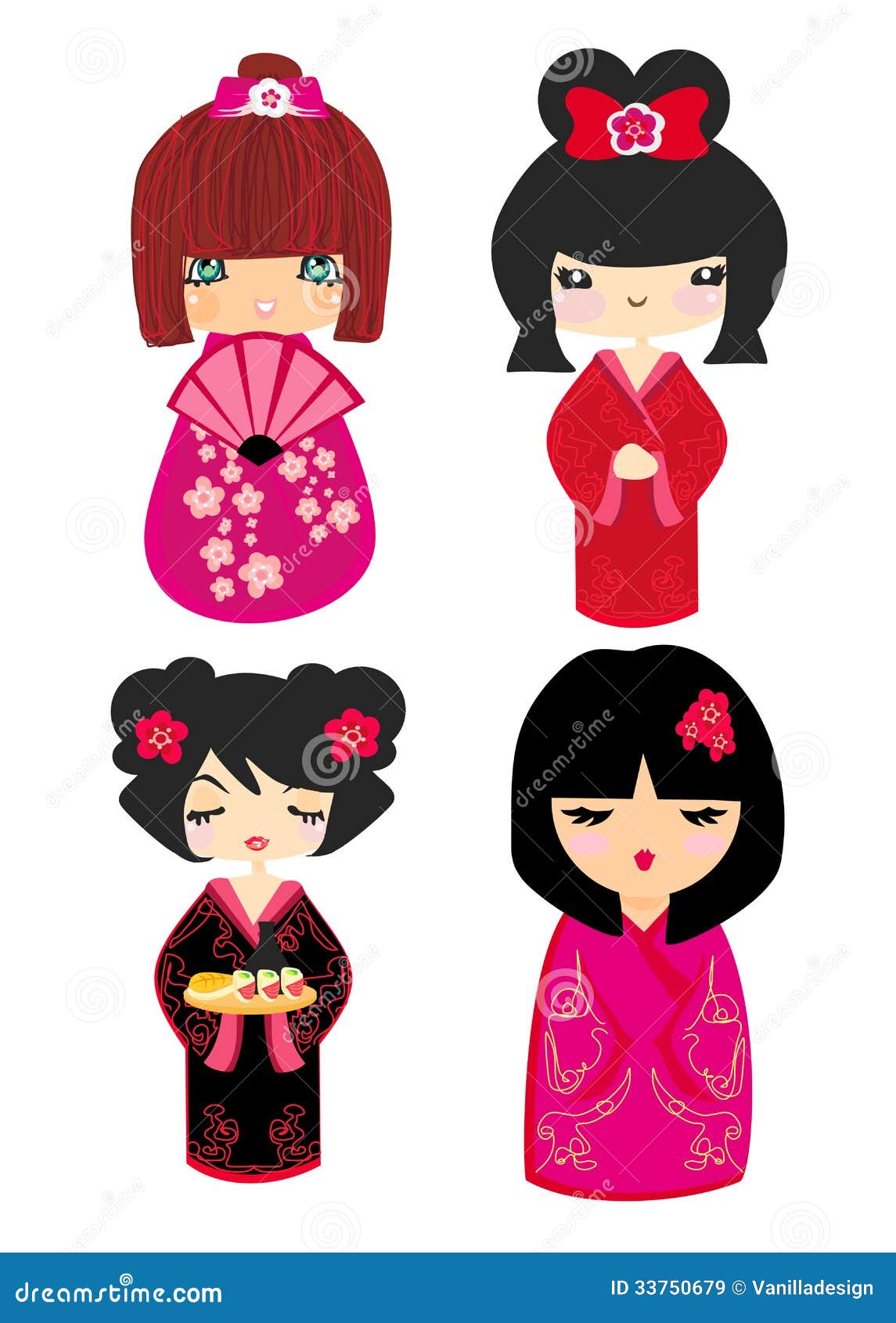 Kokeshi Dolls in Various Designs Isolated on White. Stock Vector ...