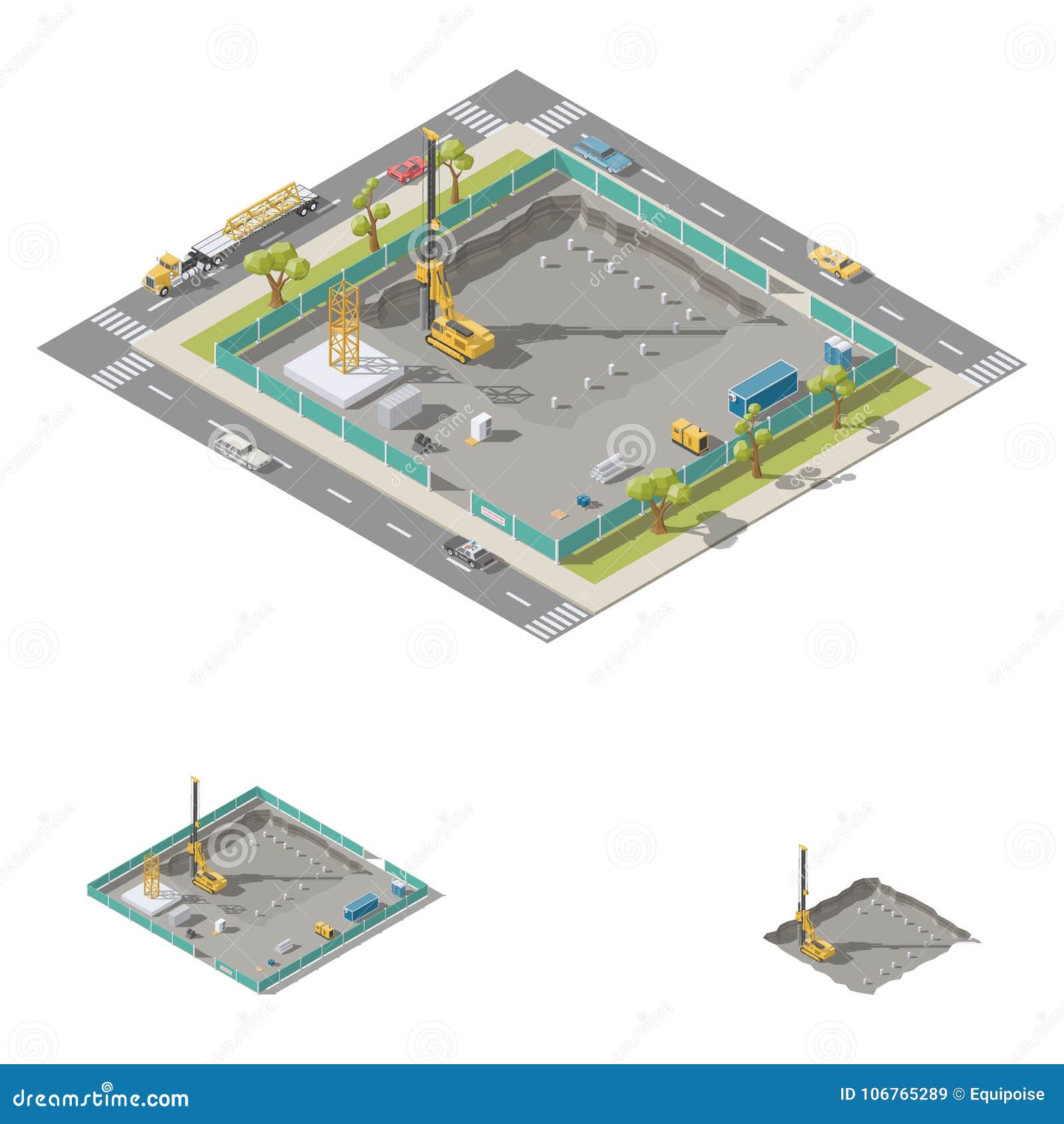 Koper Install Piles at Construction Site Isometric Icon Set Stock ...