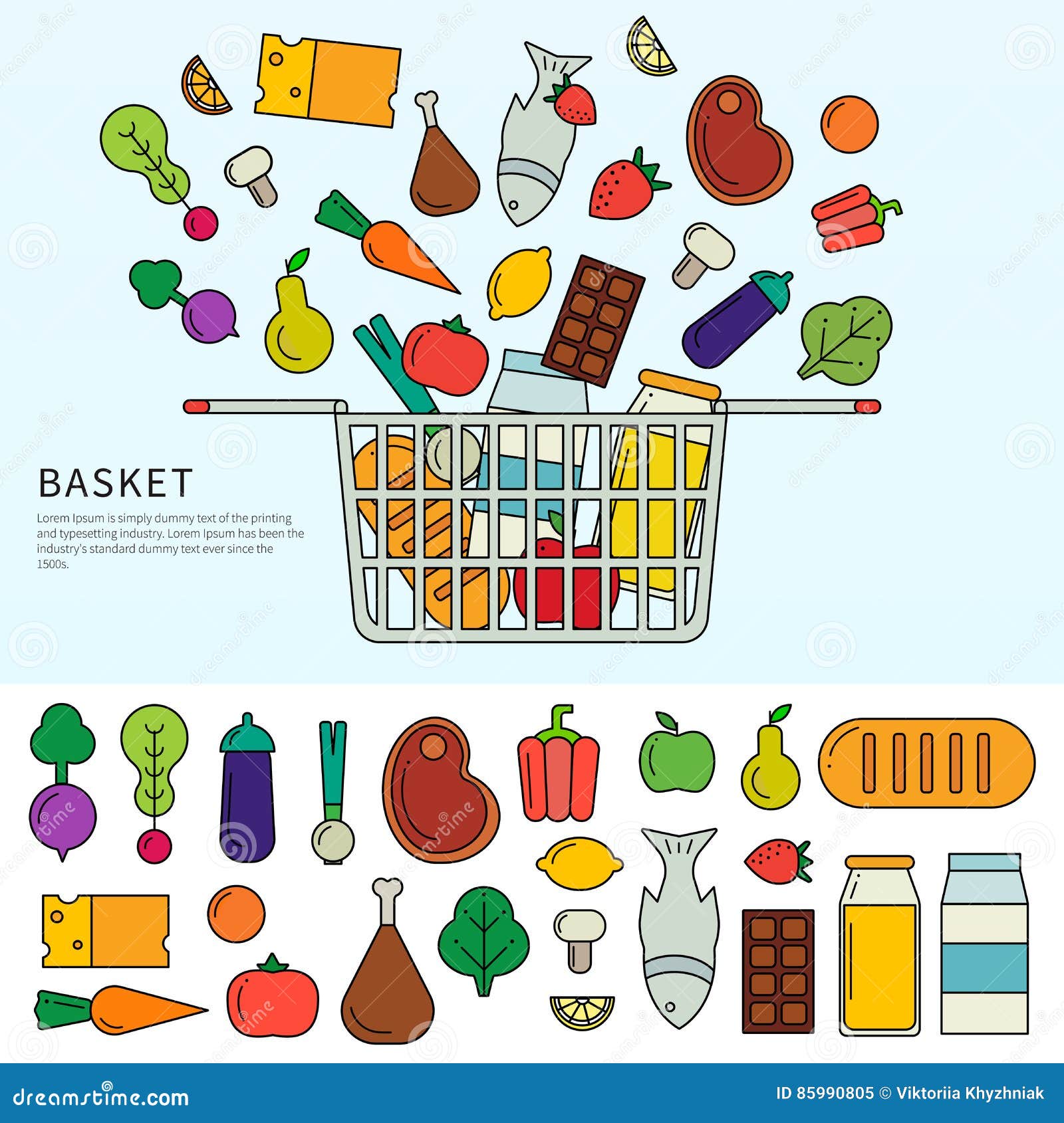 Korb Mit Verschiedenen Produkten Vektor Abbildung - Illustration von ...