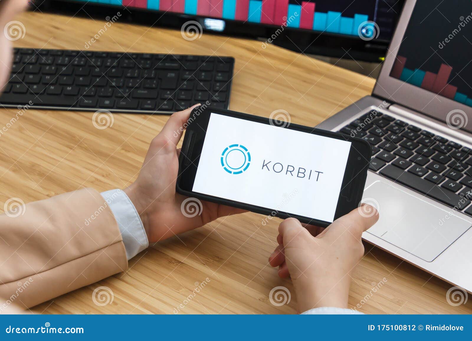 Korbit Cryptocurrency Exchange Market. Female Trader Hands Holding the ...