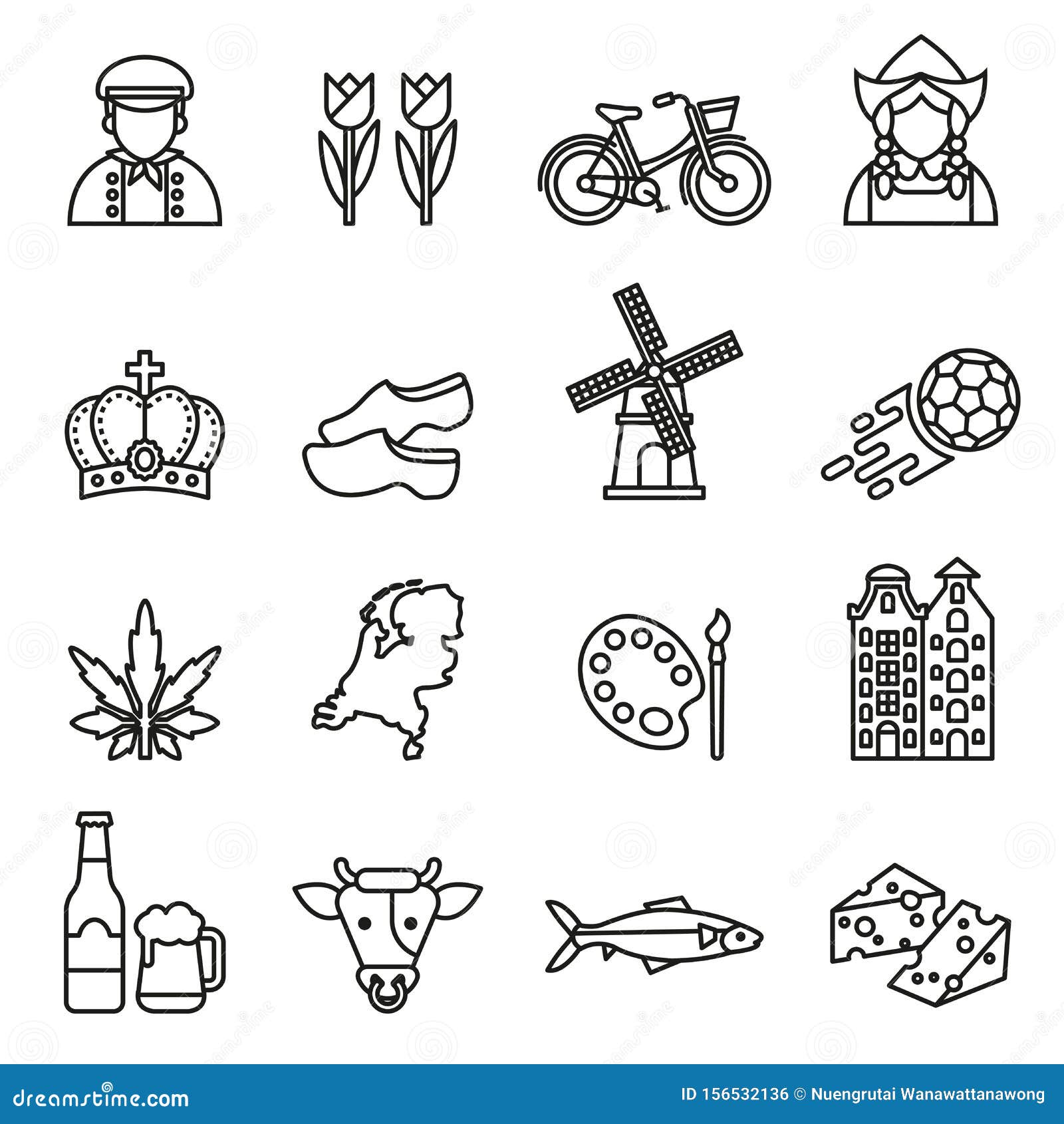 Netherlands Symbols and Dutch Culture Icons Set. Line Style Stock ...
