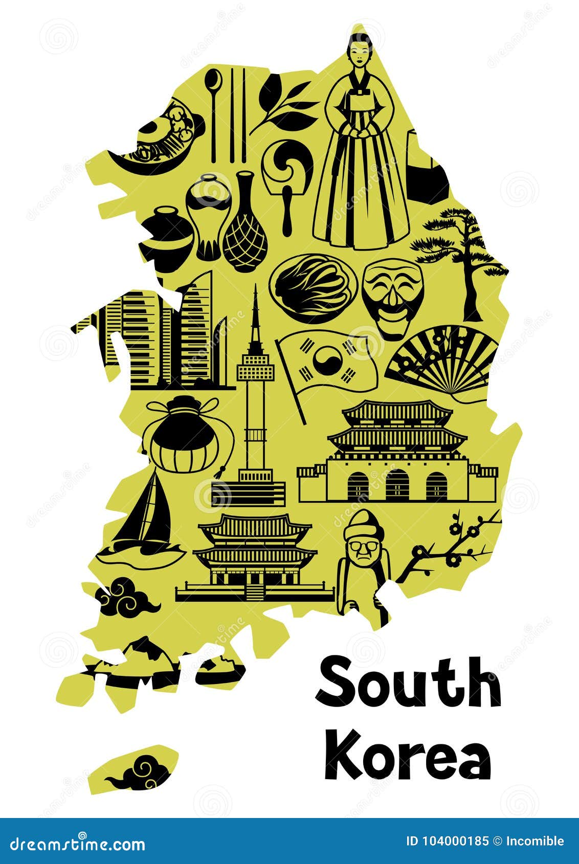 Korea Map Design. Korean Traditional Symbols and Objects Stock Vector ...