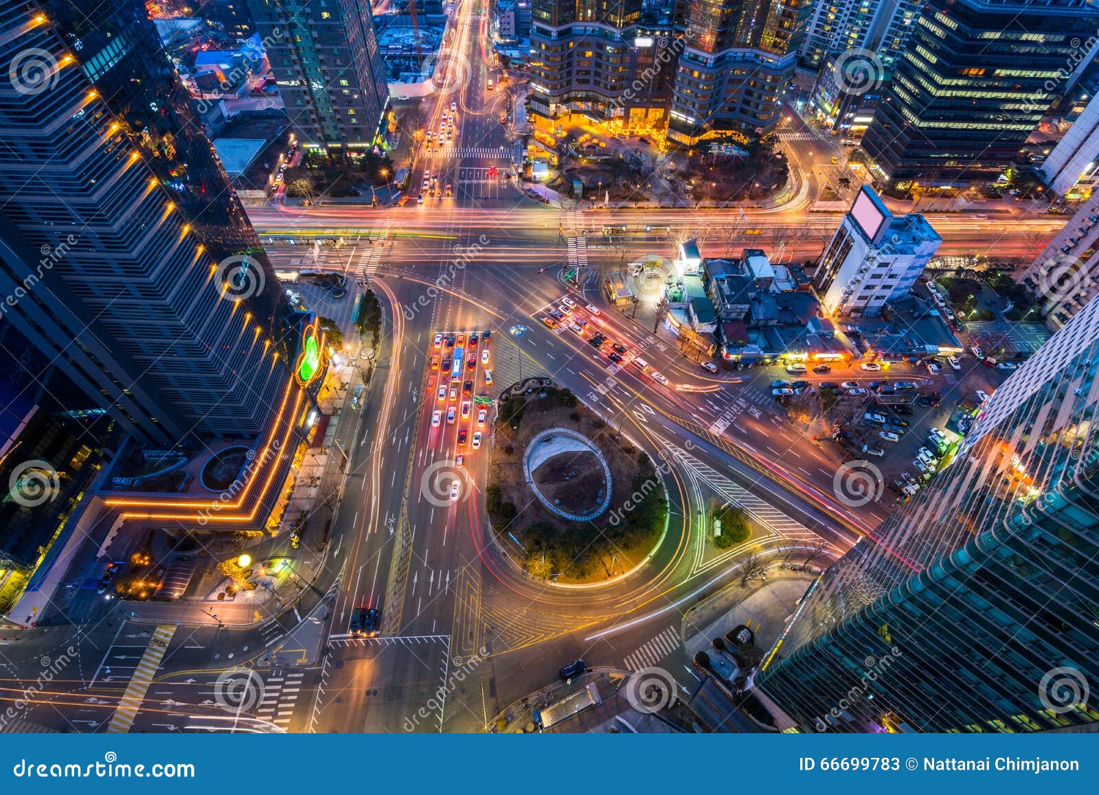 Traffic Speeds Through An Intersection At Night In Gangnam, Seoul In ...