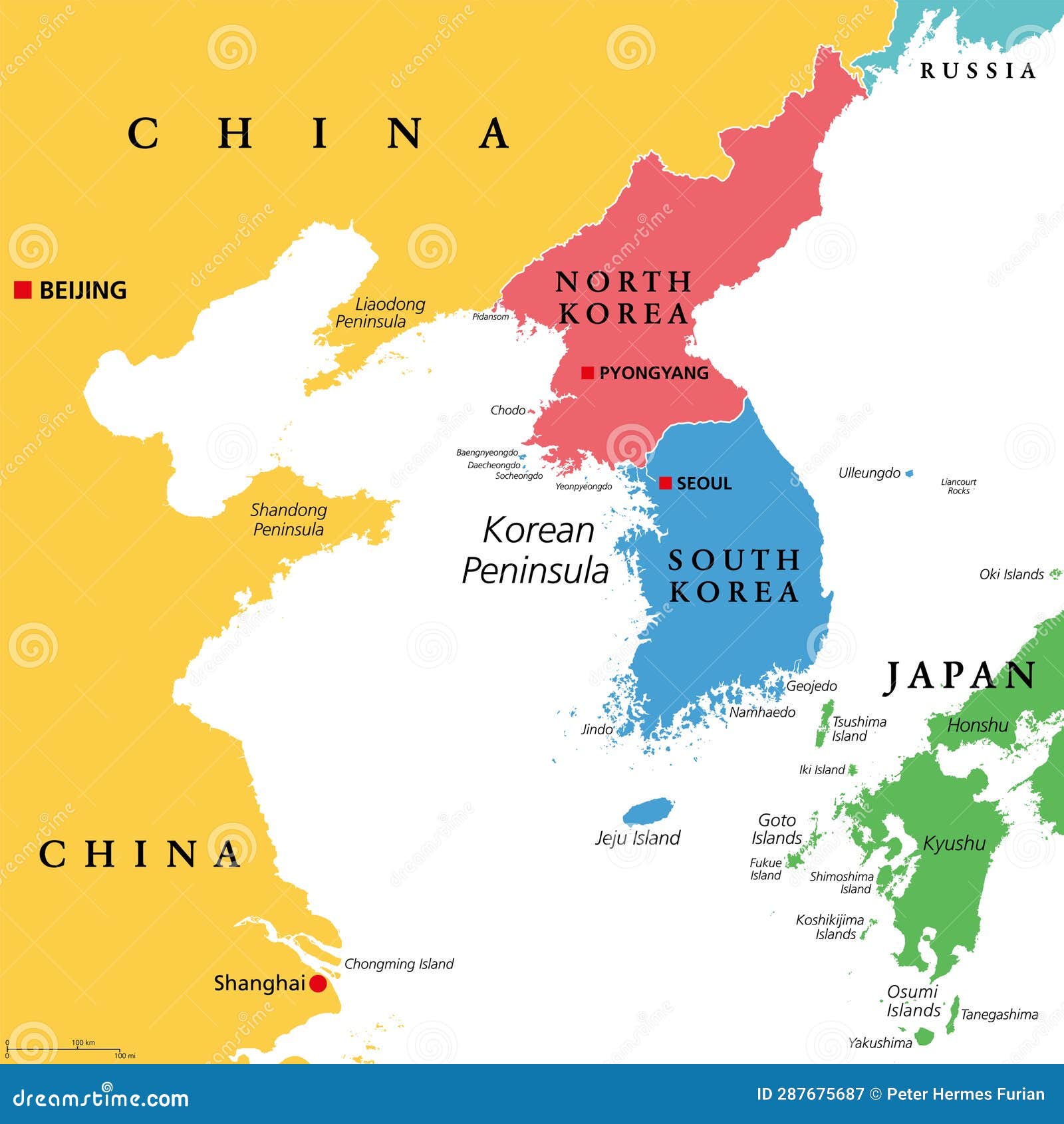 Political Map Of Korean And Japanese Region, South Korea, North Korea ...