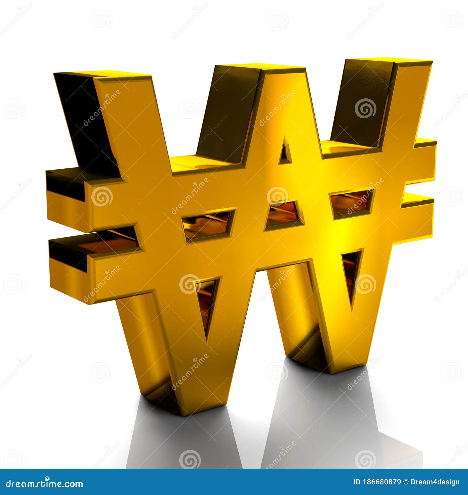 Korea Won Currency Symbols Gold Color 3d Render Isolated On White