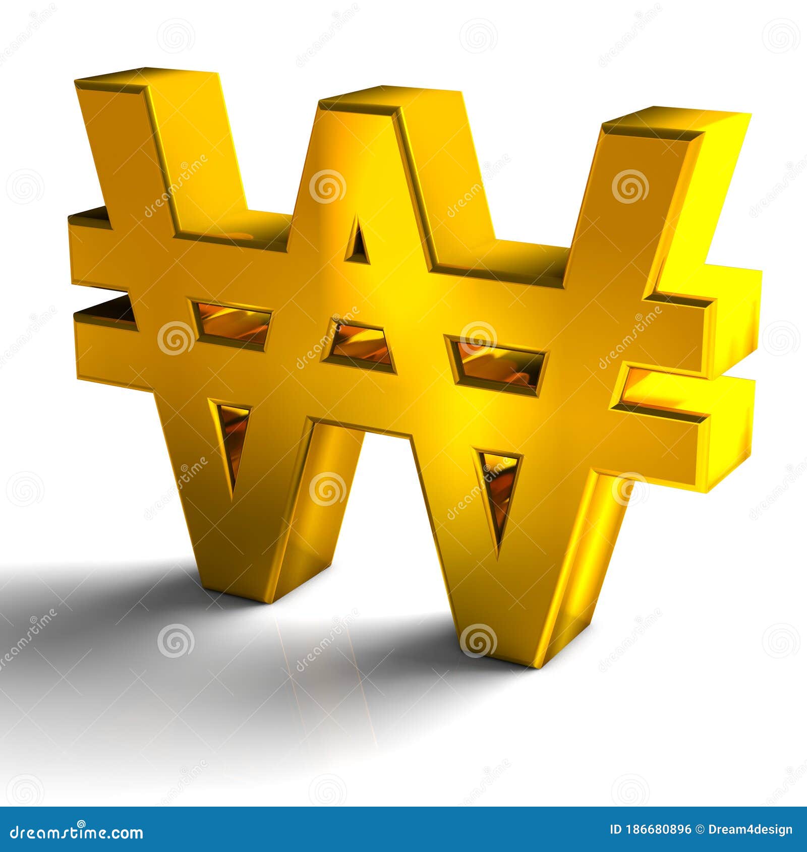 Korea Won Currency Symbols Gold Color 3d Render Isolated On White