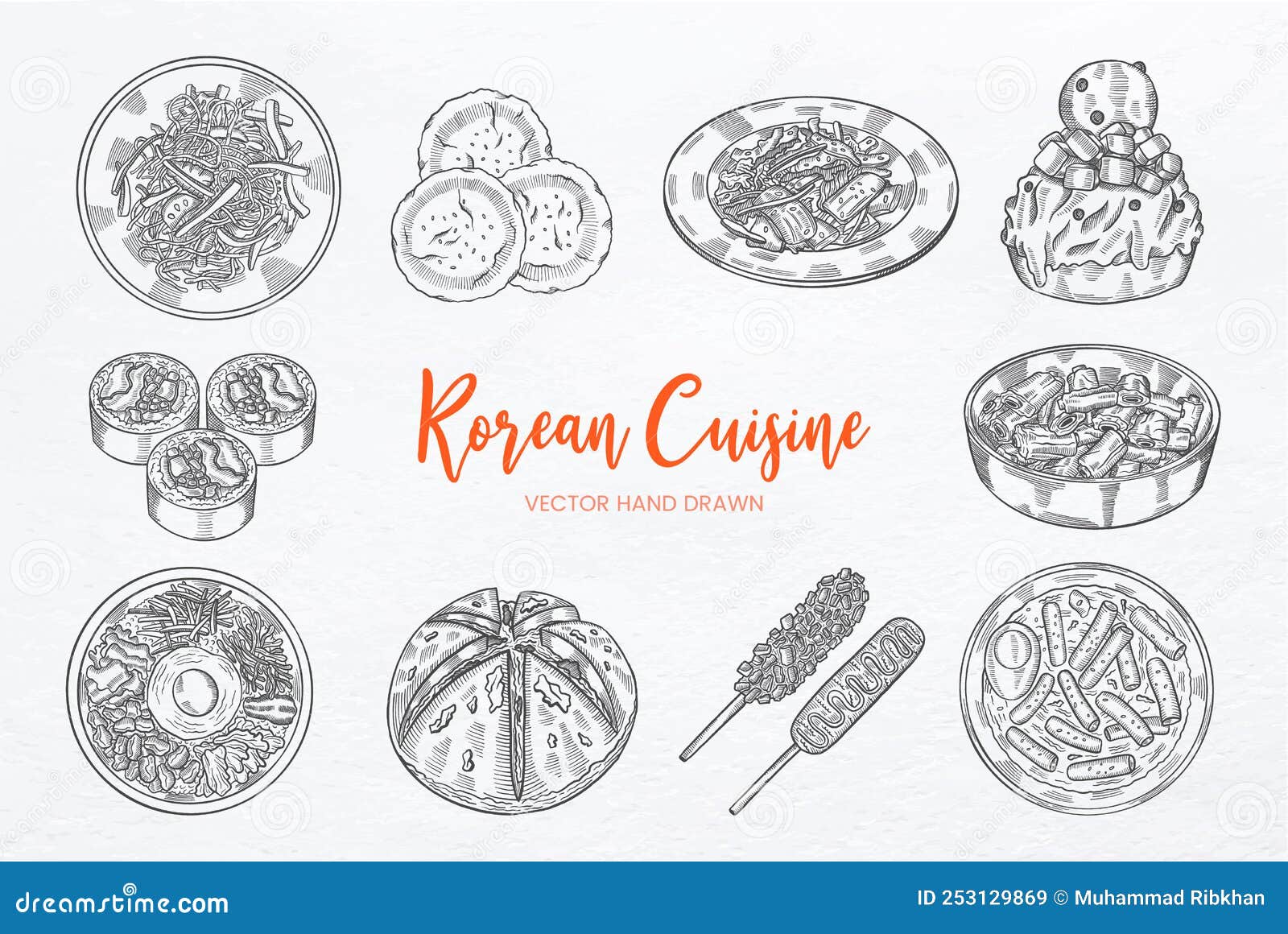 Korean Cuisine Set Collection with Hand Drawn Sketch Vector Stock ...