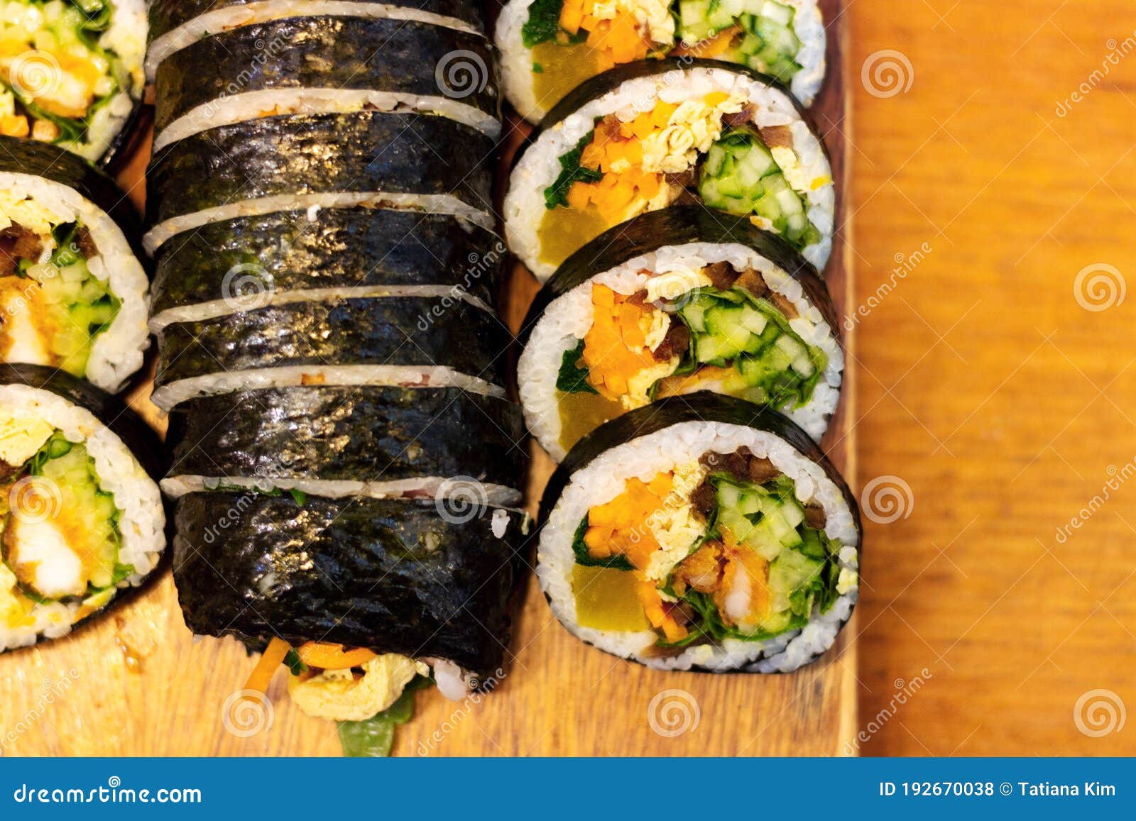 Korean Kimpab Rolls with Vegetables and Chicken on Board, Top View ...