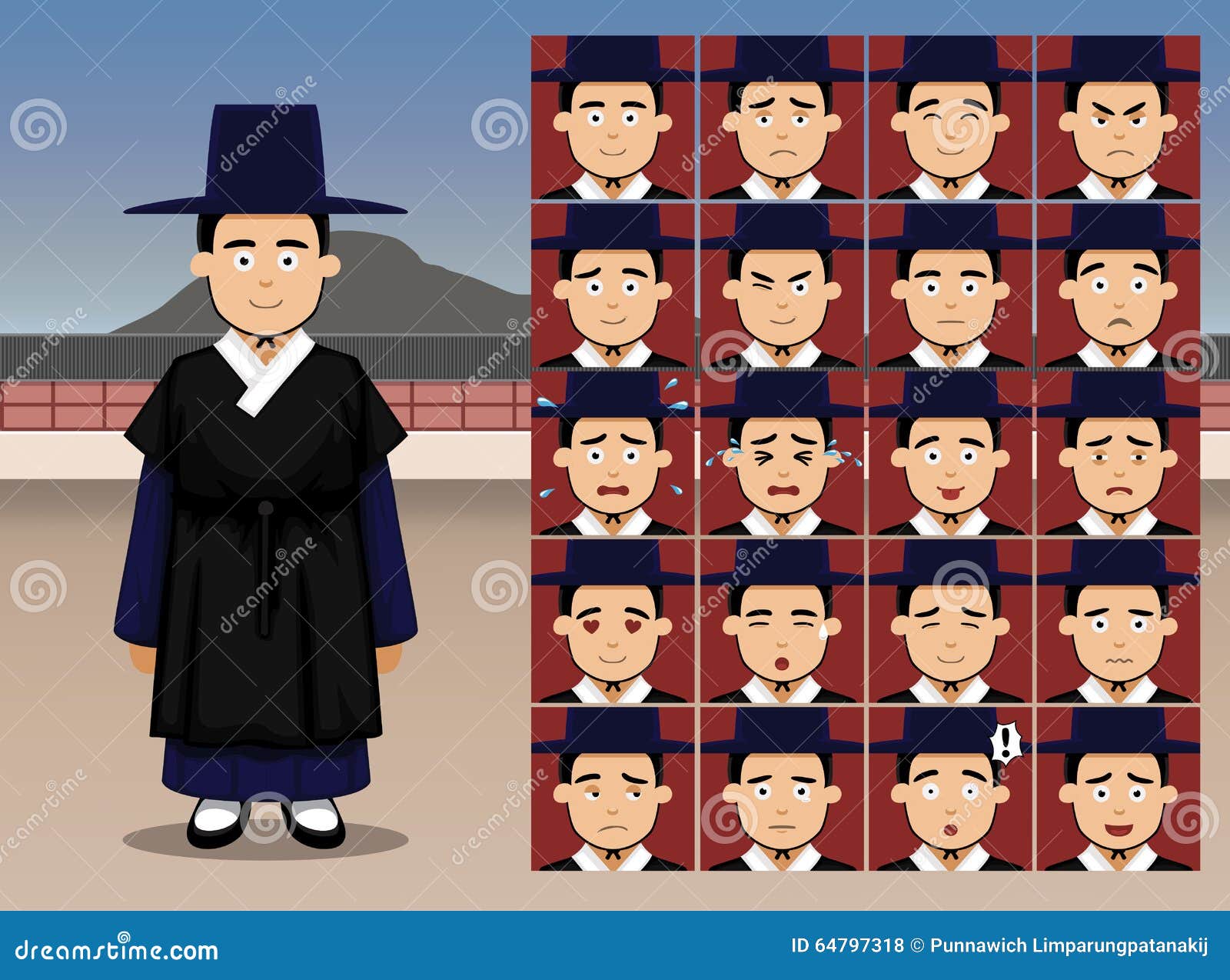 Korean Man Cartoon Emotion Faces Vector Illustration Stock Vector ...