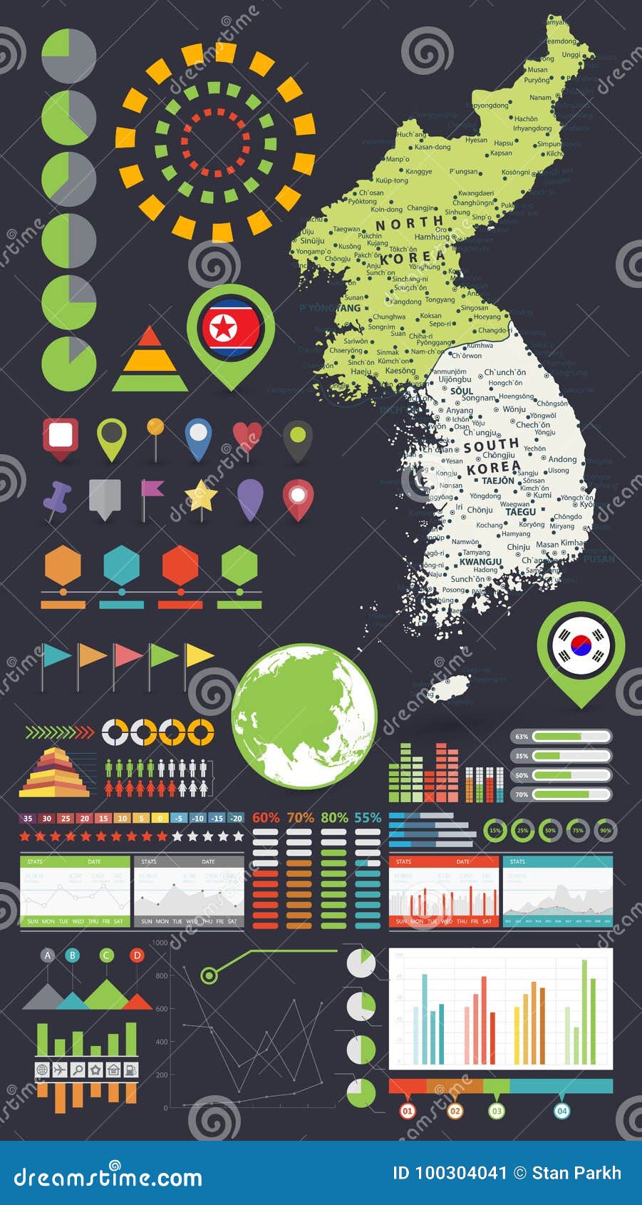 Korean Peninsula Map And Infographics Design Elements Cartoon Vector ...