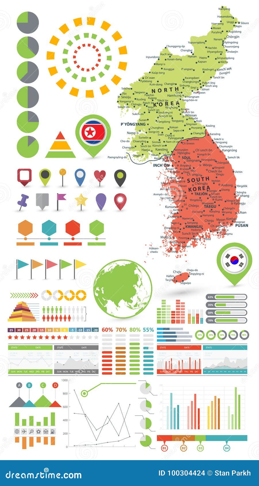 Korean Peninsula Map And Infographics Design Elements Cartoon Vector ...