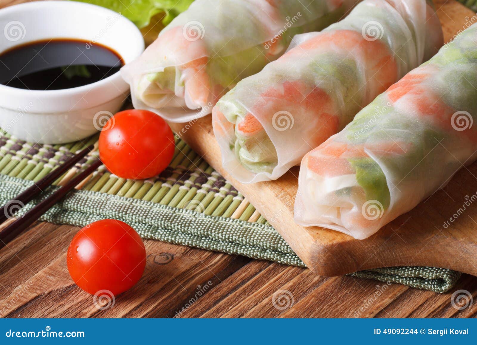 Korean Spring Rolls with Shrimp and Sauce Close Up Horizontal Stock ...