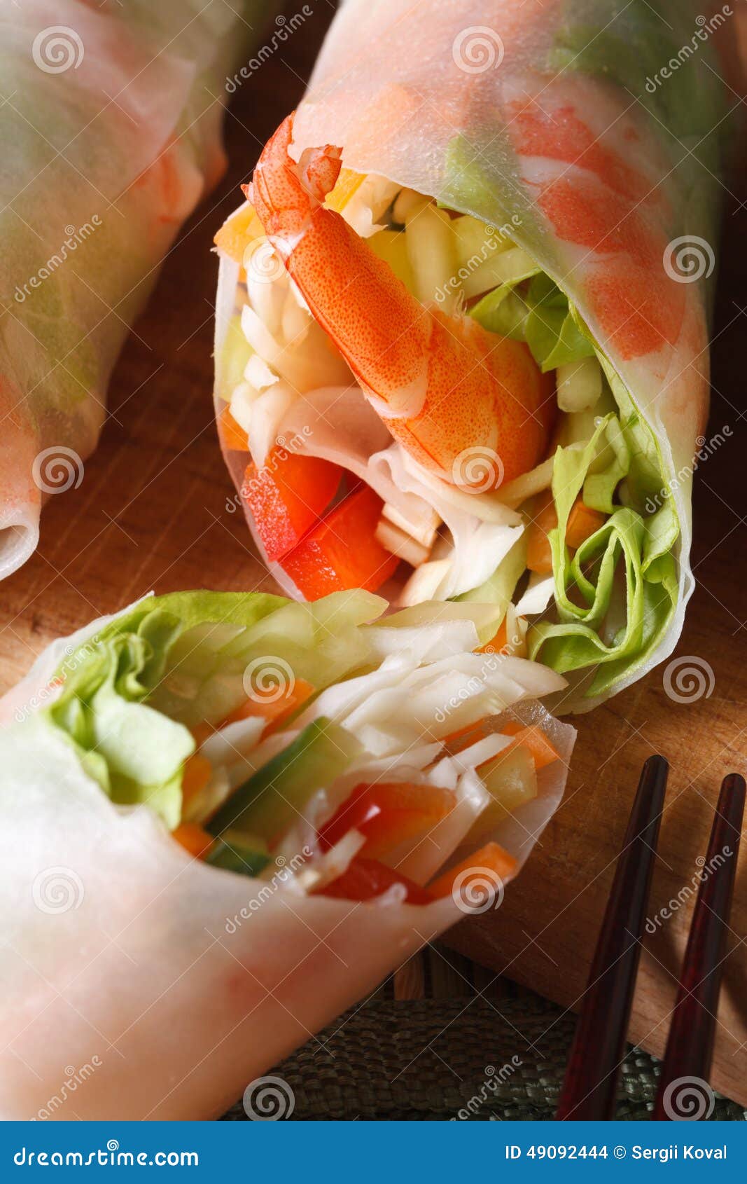 Korean Spring Rolls with Shrimp and Vegetables Macro. Vertical Stock ...