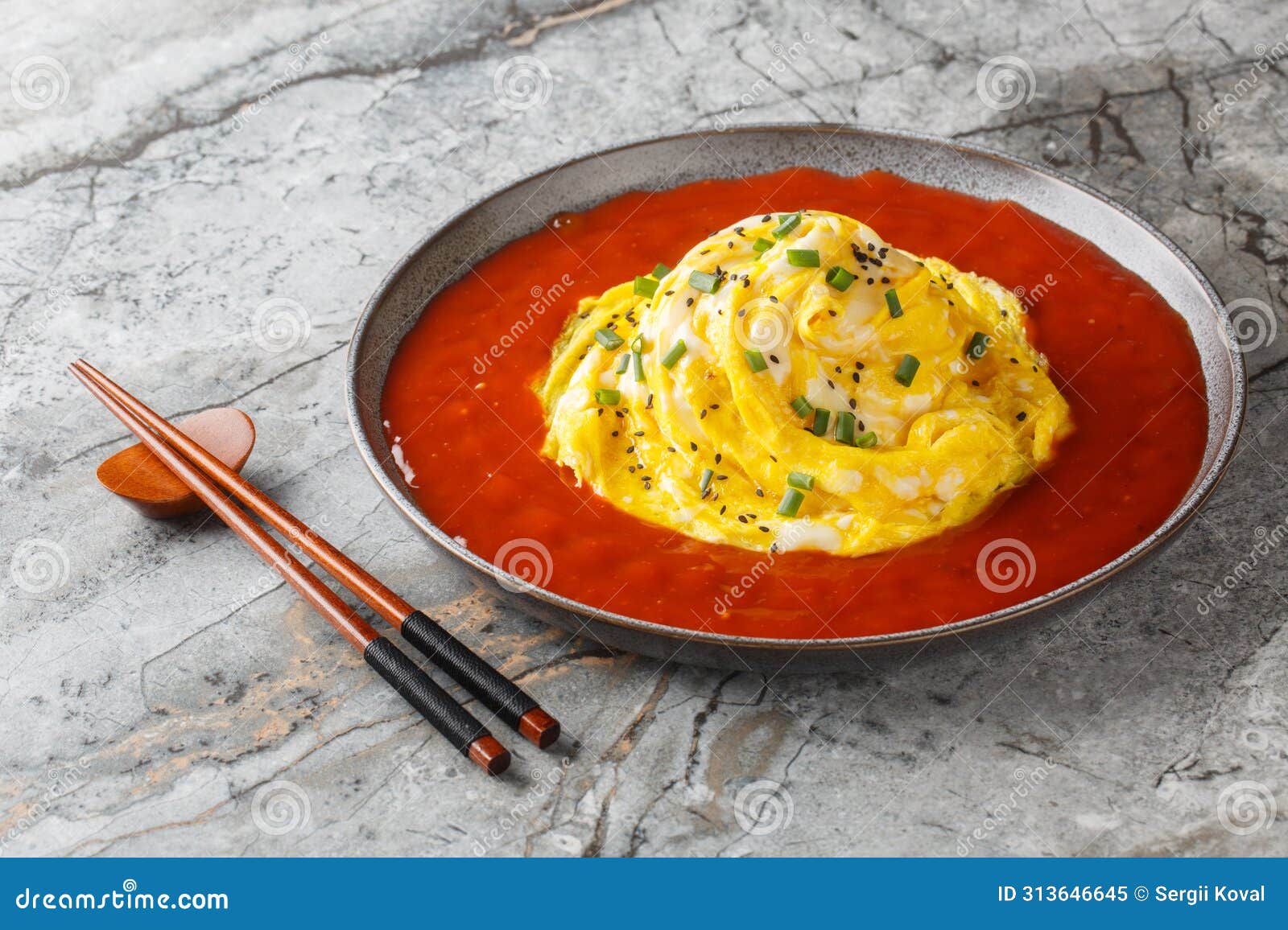 Korean Tornado Rice Omelette And Hot Sauce Closeup On The Plate ...